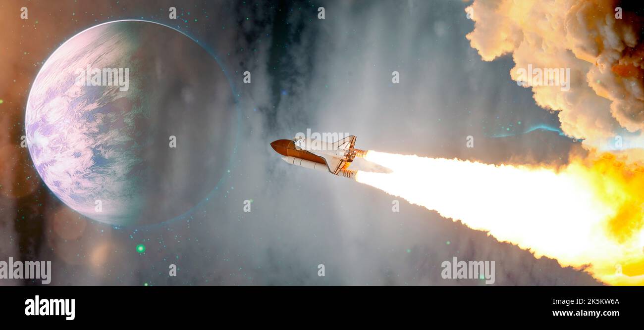 rockets launch into space on the starry sky. spacecraft flies into ...