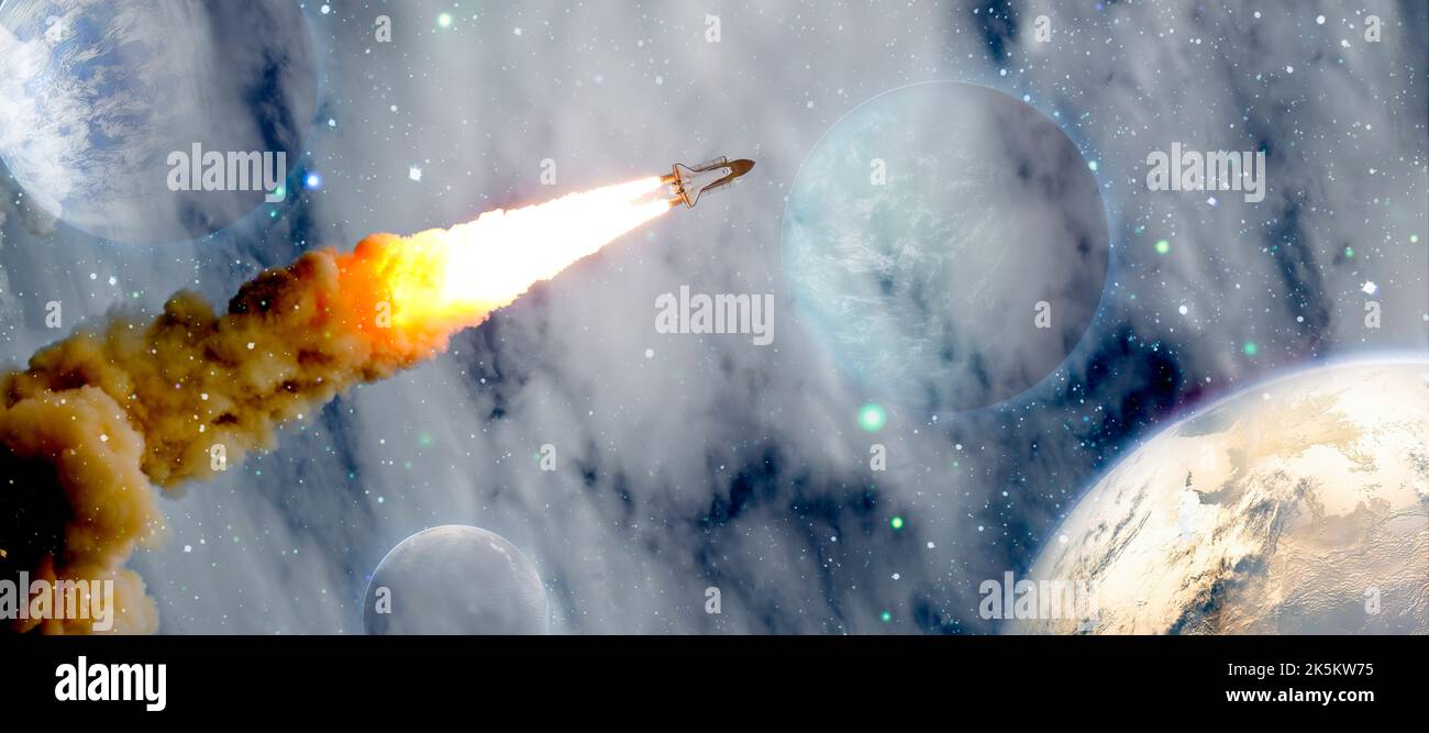 rockets launch into space on the starry sky. spacecraft flies into ...