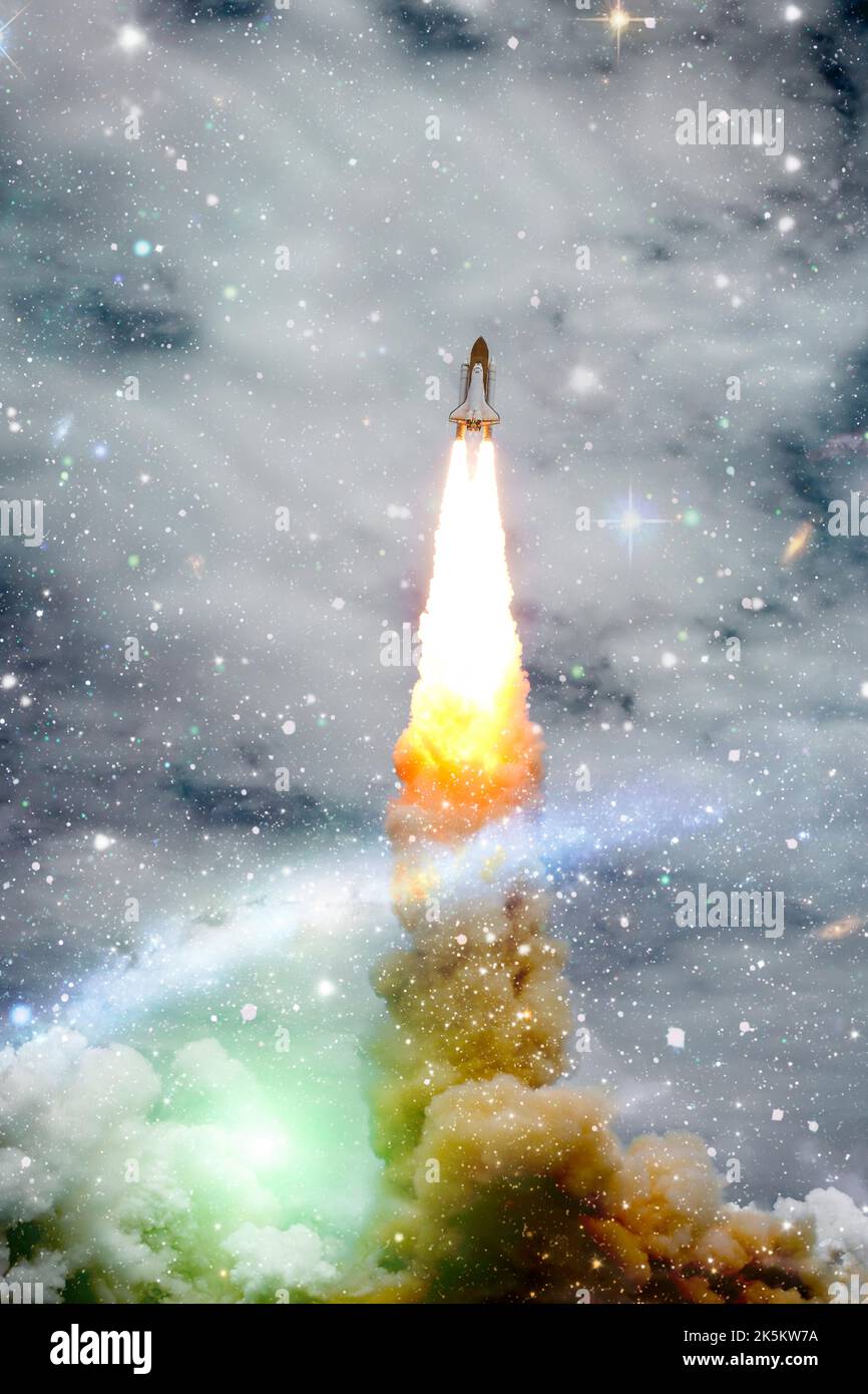 rockets launch into space on the starry sky. spacecraft flies into ...