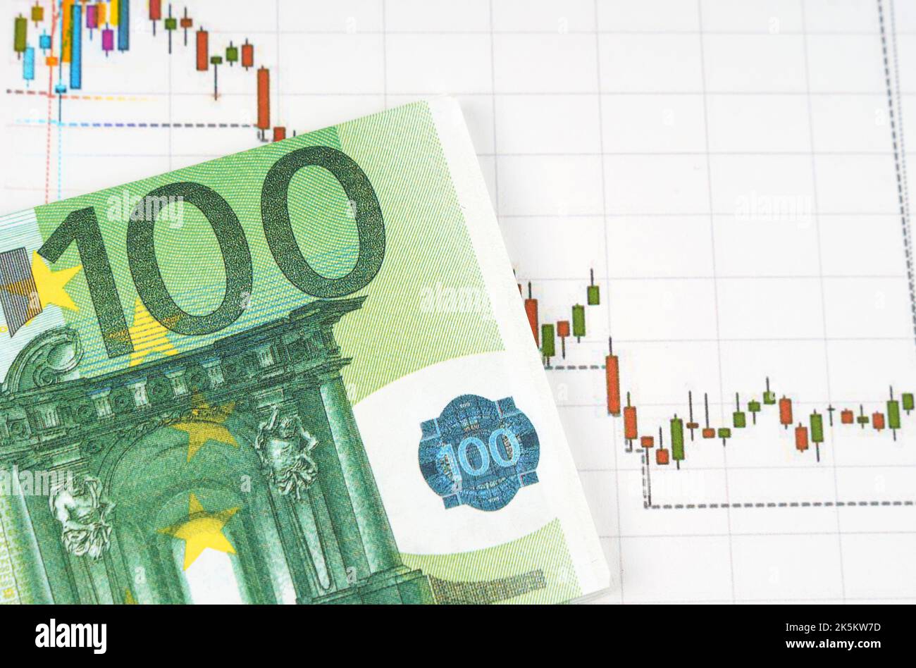 Euro banknotes are on the charts of stock prices. Business concept ...