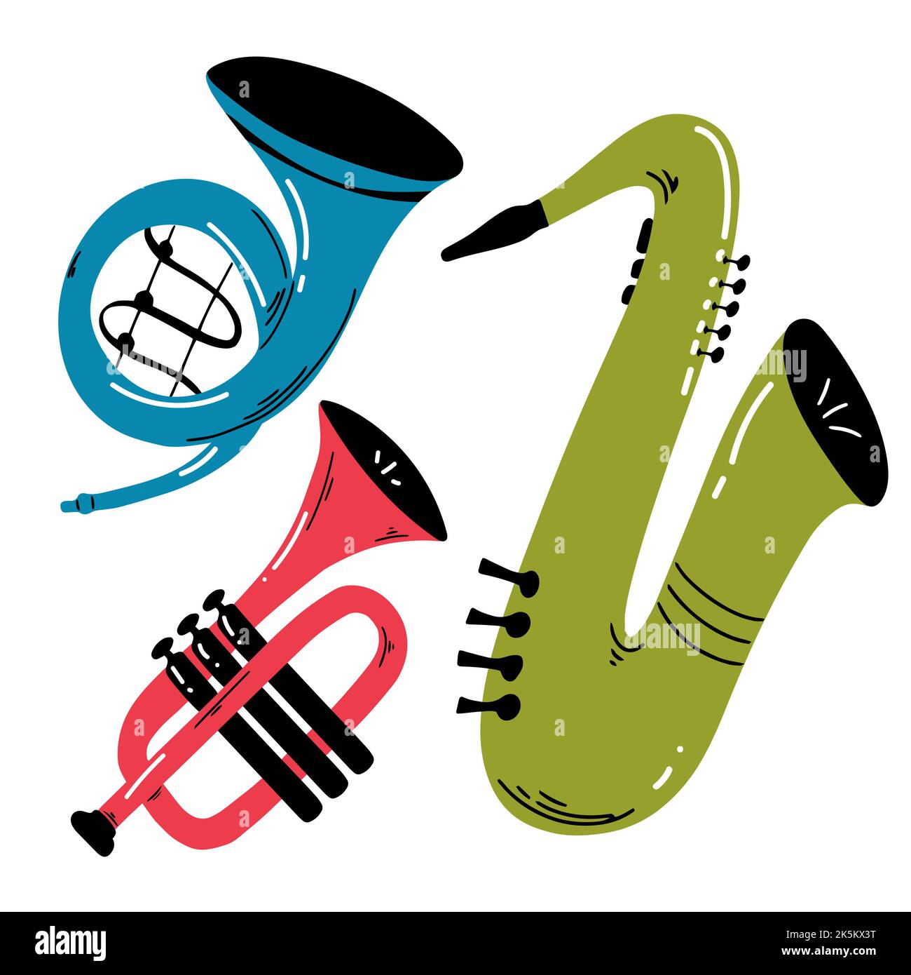 collection of cartoon music instruments. Saxophone Trumpet Vector ...