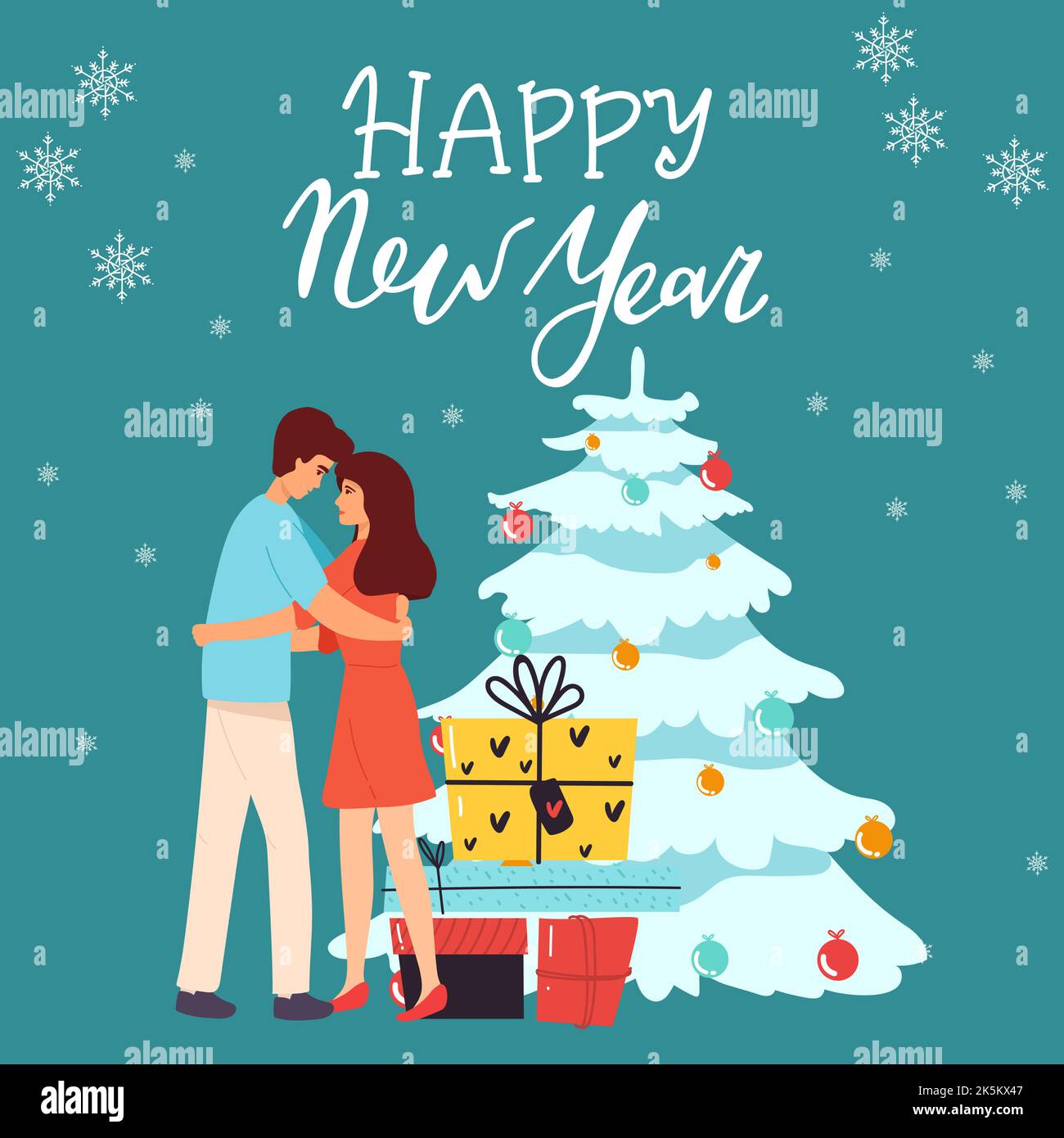 Happy couple lovers hug celebrate Christmas holiday together. Smiling ...