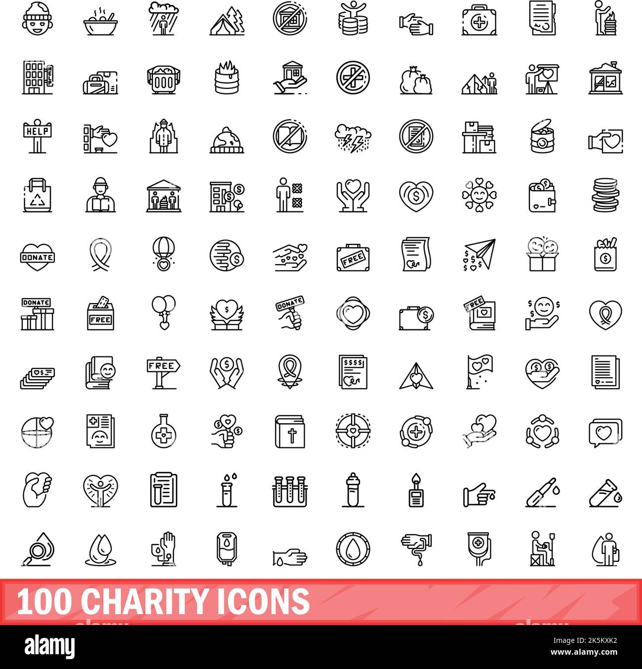 100 charity icons set. Outline illustration of 100 charity icons vector ...