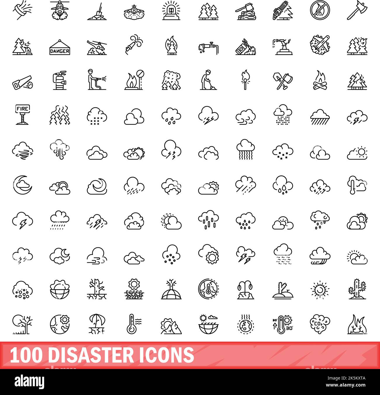 100 disaster icons set. Outline illustration of 100 disaster icons ...