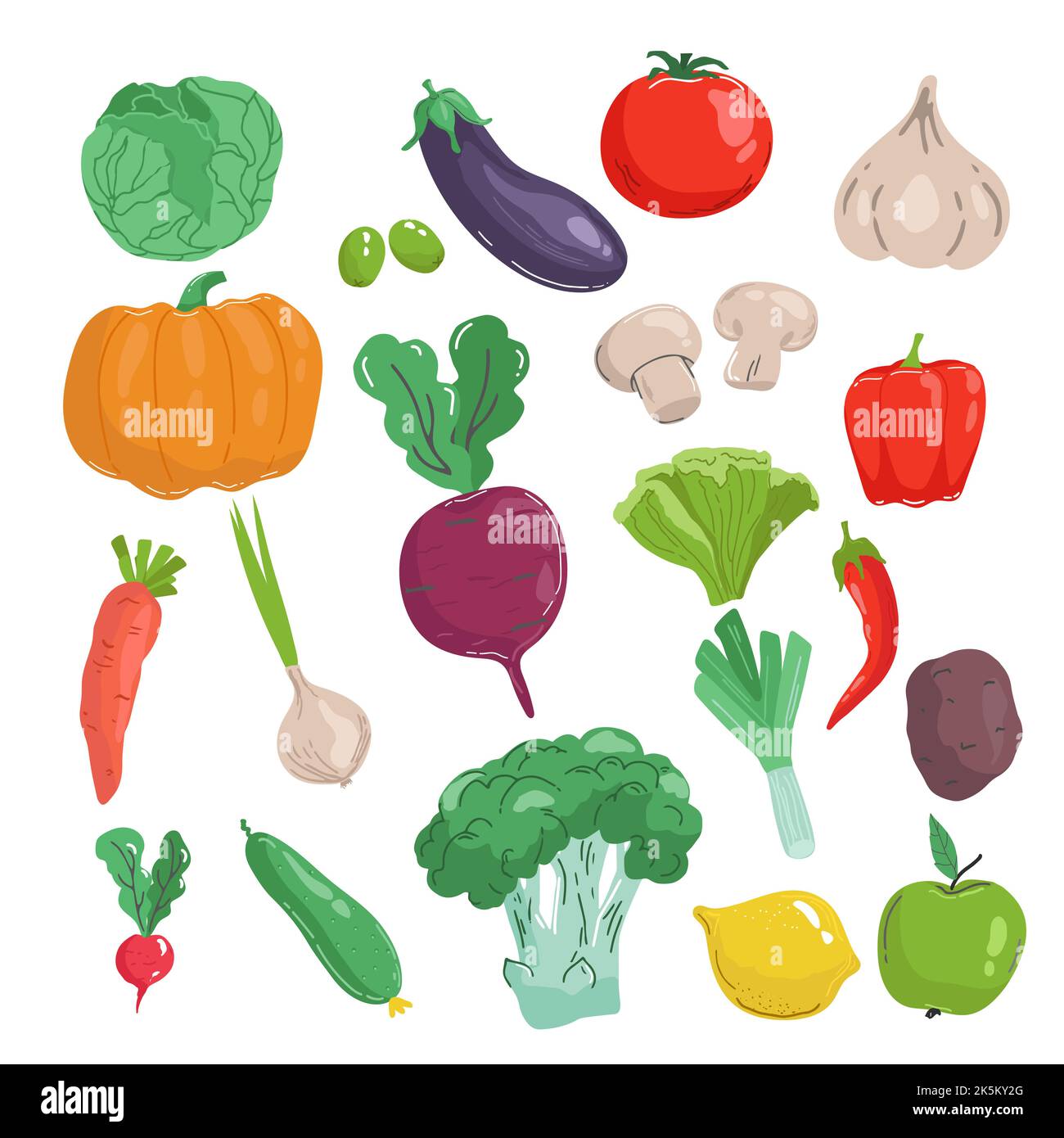 Hand drawn vegetable set, cartoon style vector illustration isolated on ...