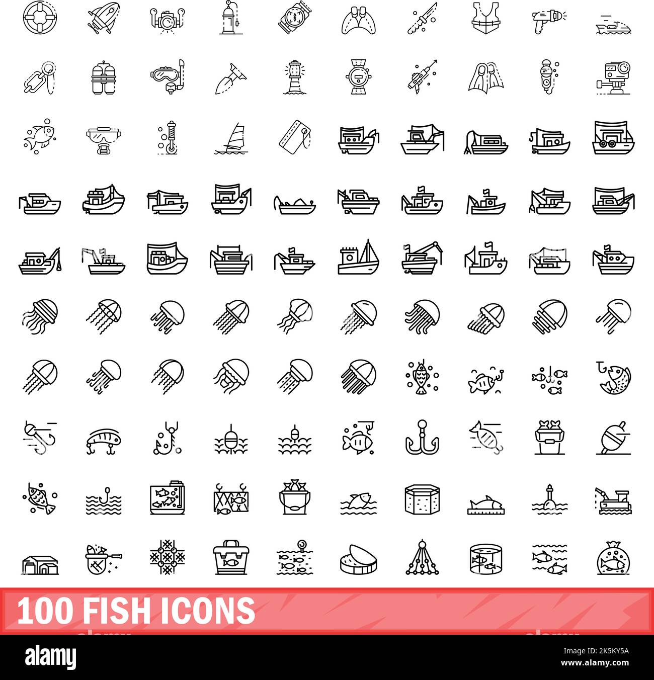 100 fish icons set. Outline illustration of 100 fish icons vector set ...