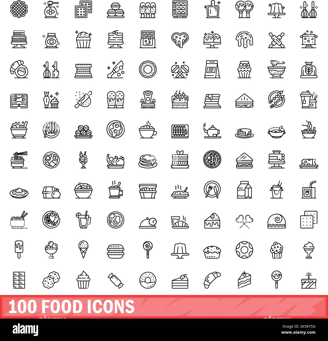 100 food icons set. Outline illustration of 100 food icons vector set ...