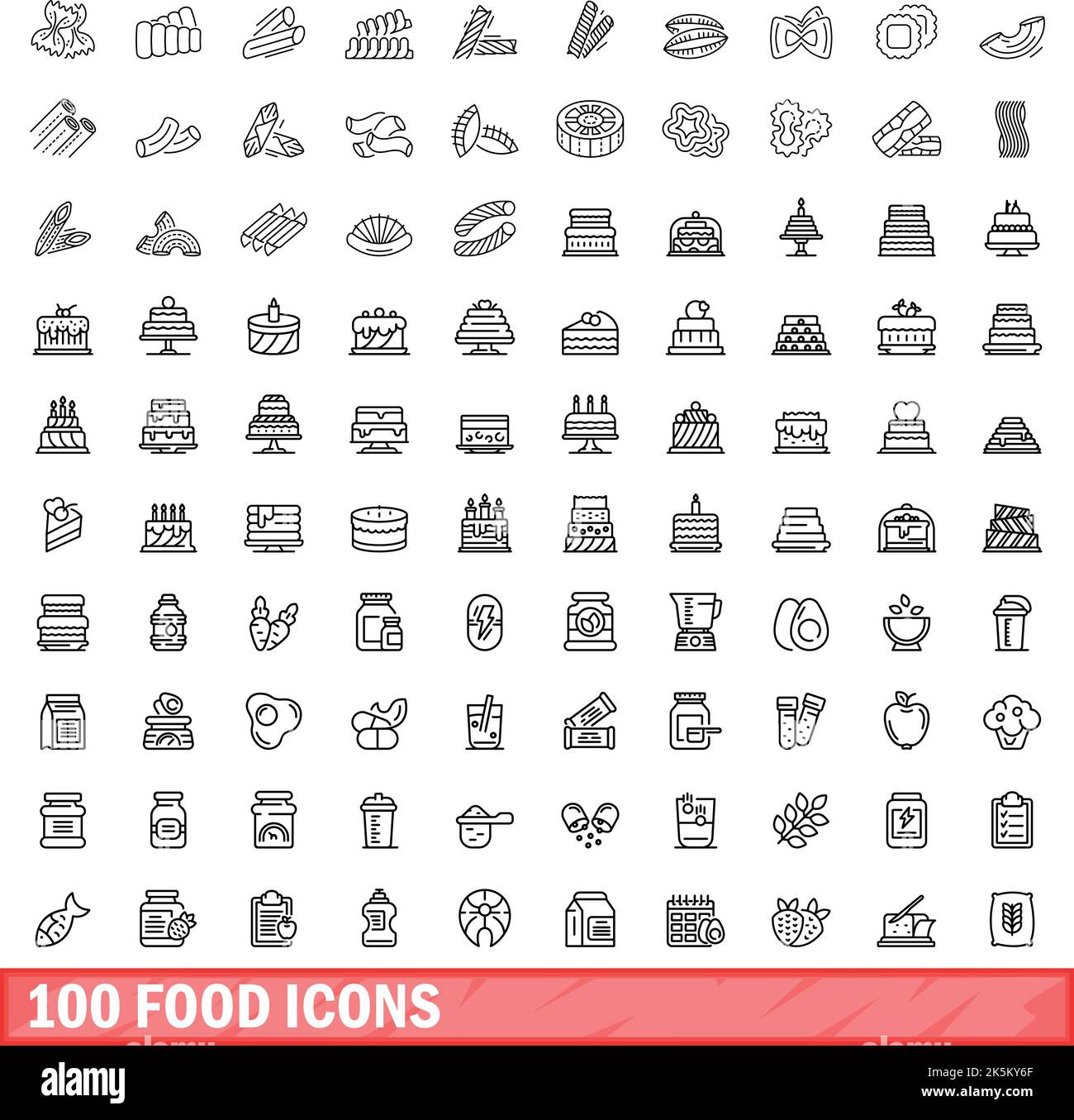 100 food icons set. Outline illustration of 100 food icons vector set ...