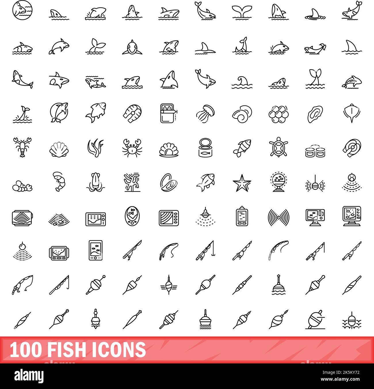 100 fish icons set. Outline illustration of 100 fish icons vector set ...