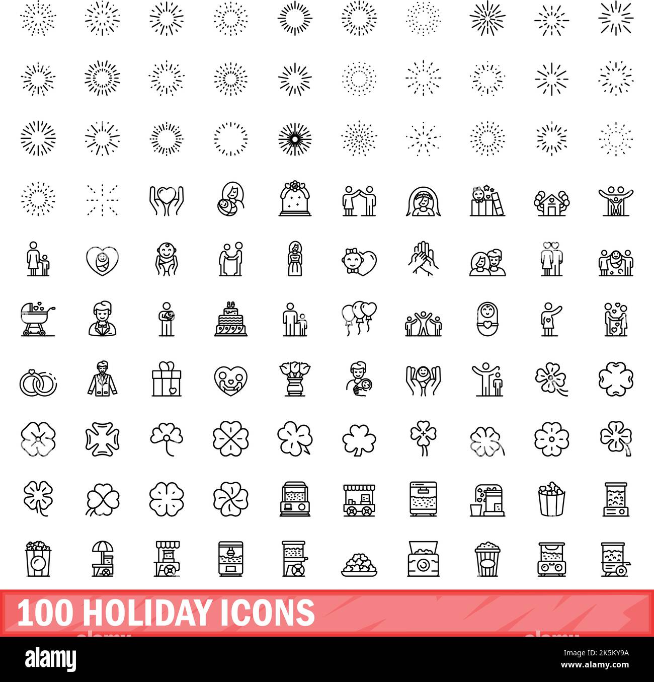100 holiday icons set. Outline illustration of 100 holiday icons vector ...