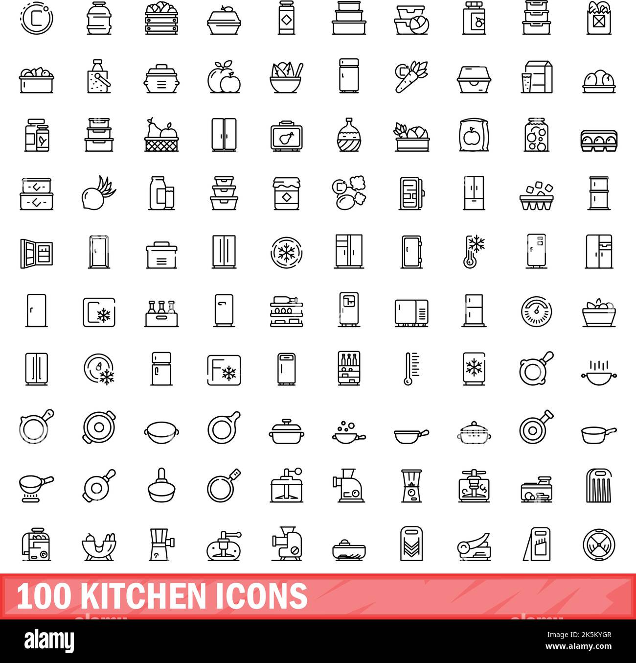 100 kitchen icons set. Outline illustration of 100 kitchen icons vector ...