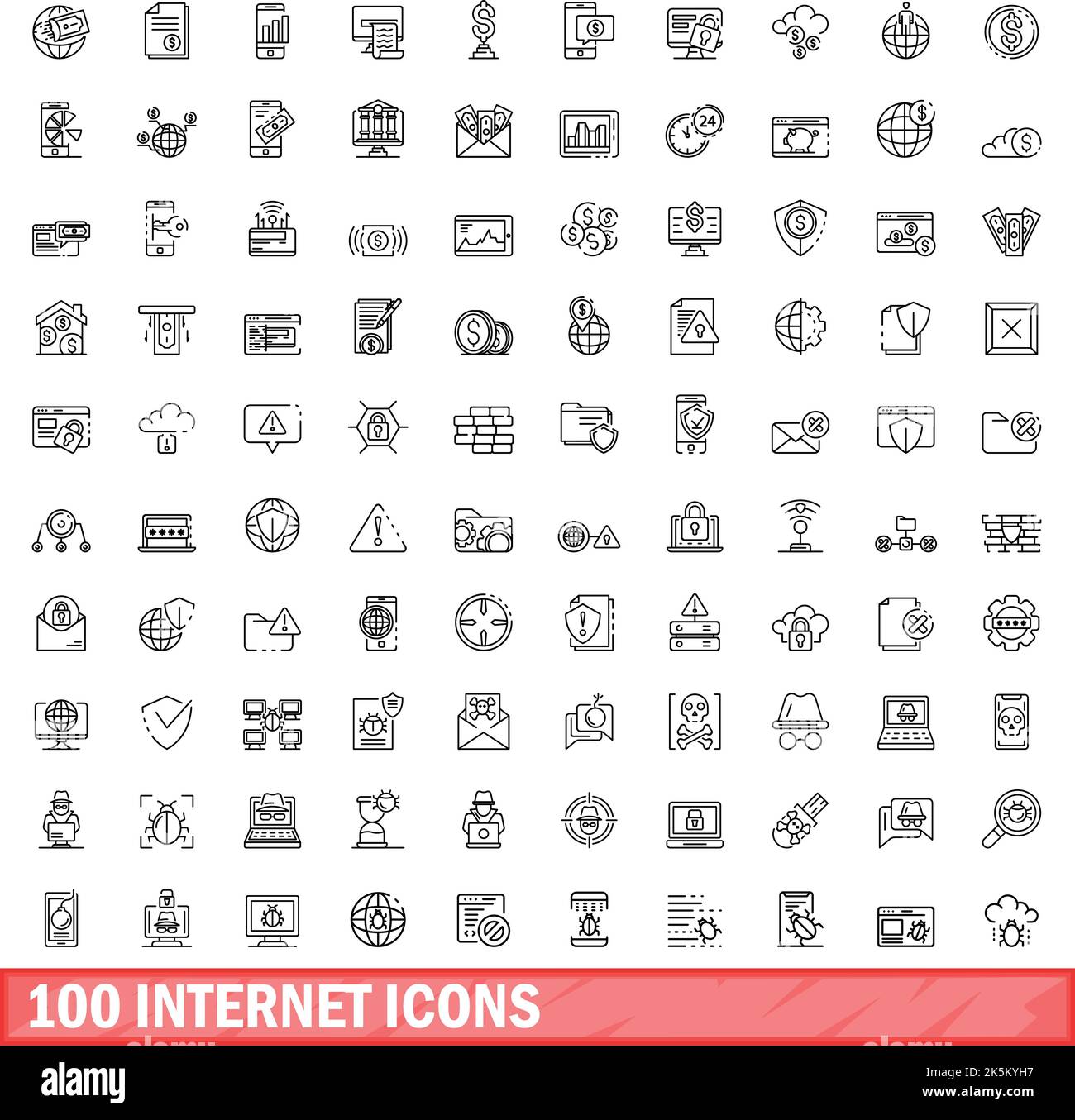 100 internet icons set. Outline illustration of 100 internet icons ...