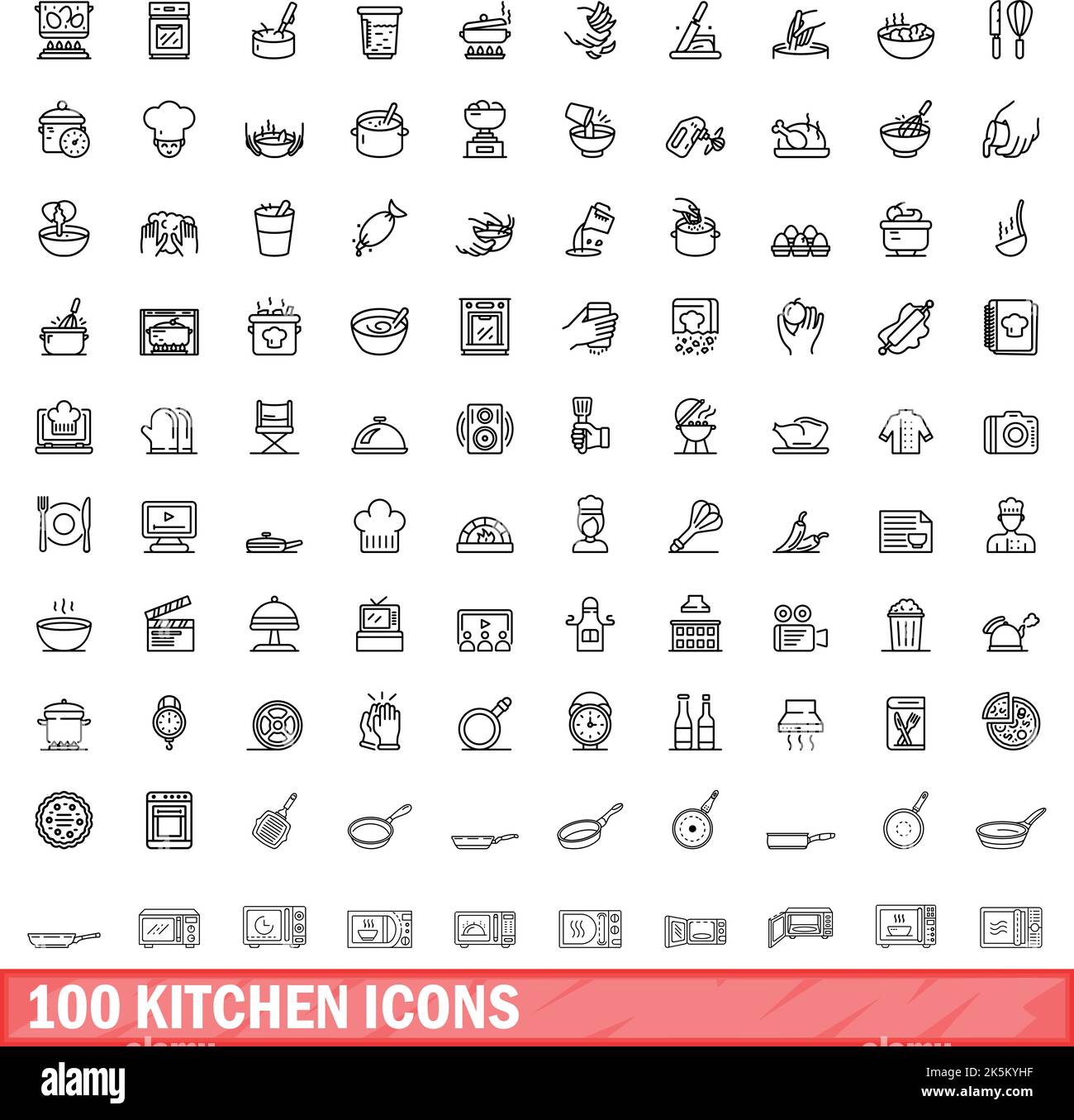 100 kitchen icons set. Outline illustration of 100 kitchen icons vector ...