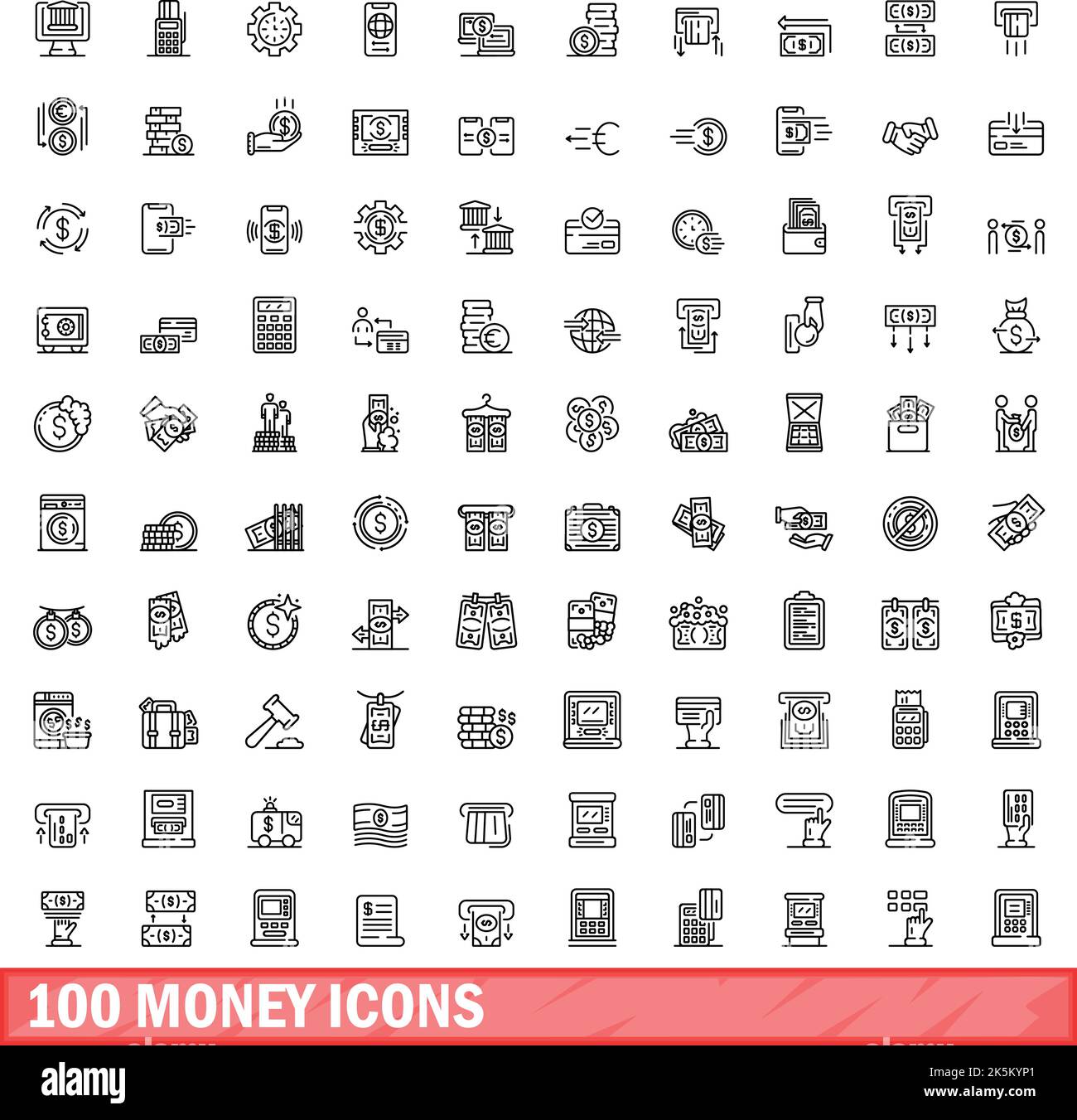 100 money icons set. Outline illustration of 100 money icons vector set ...