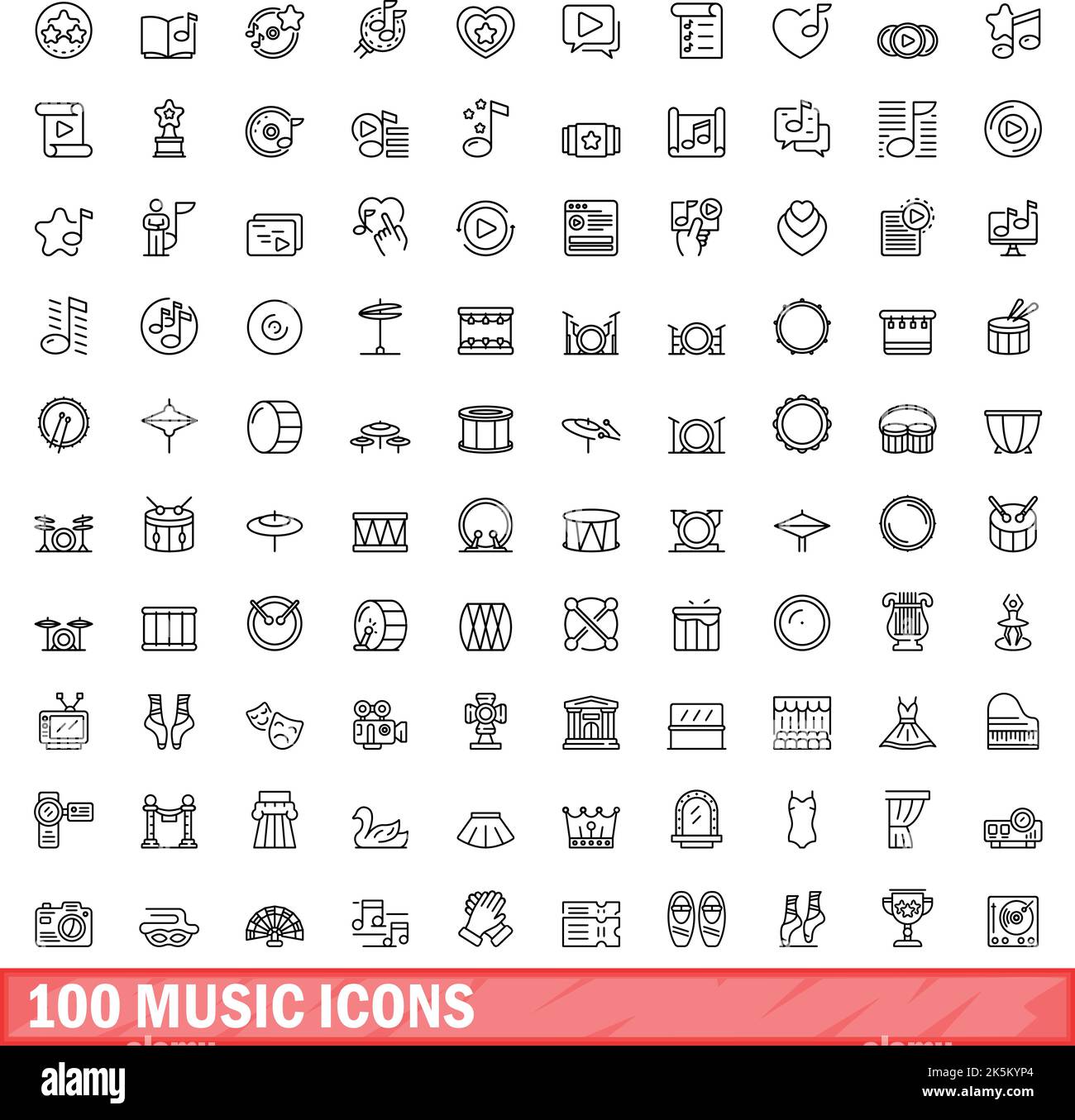 100 music icons set. Outline illustration of 100 music icons vector set ...