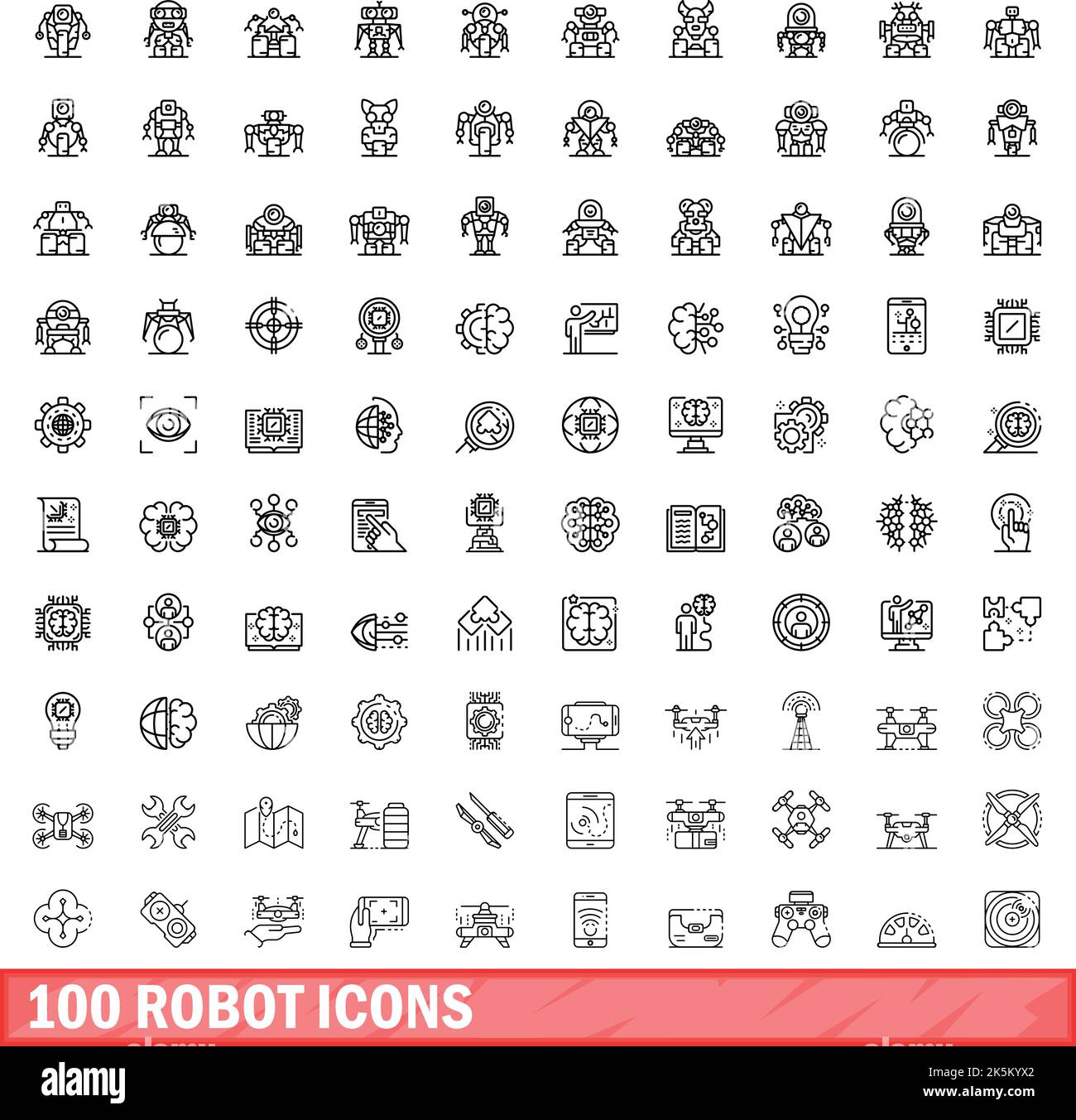 100 robot icons set. Outline illustration of 100 robot icons vector set ...