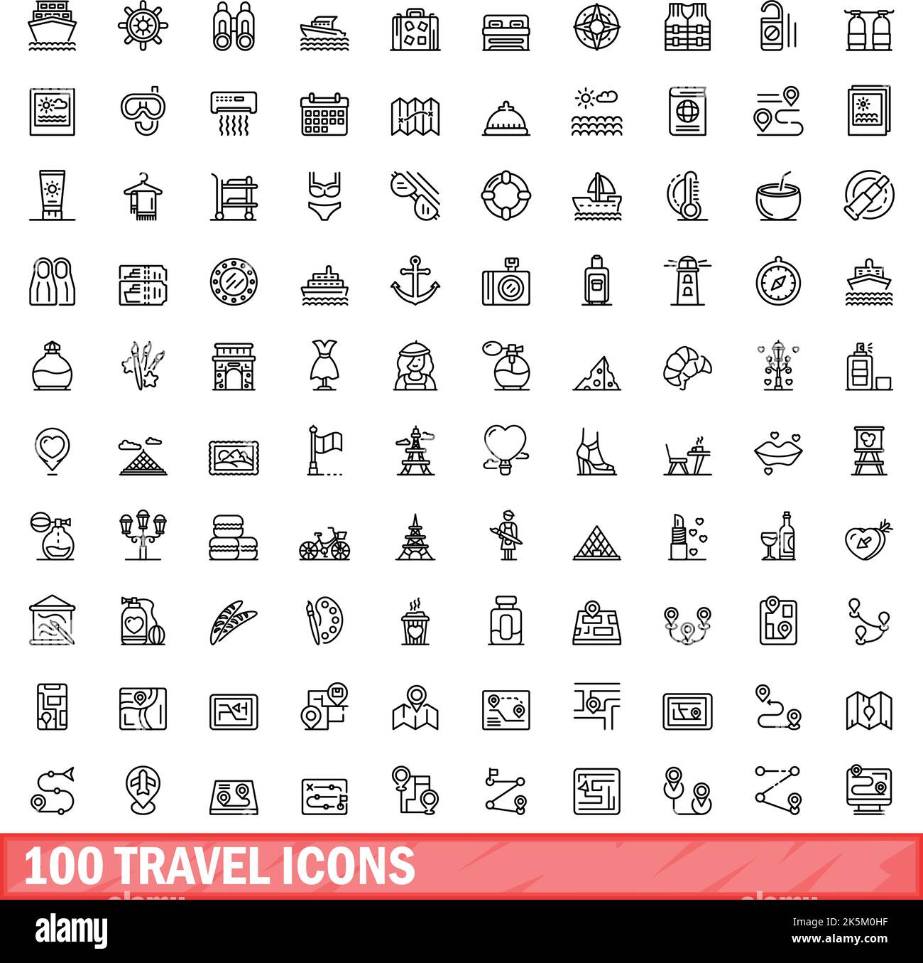 100 travel icons set. Outline illustration of 100 travel icons vector ...