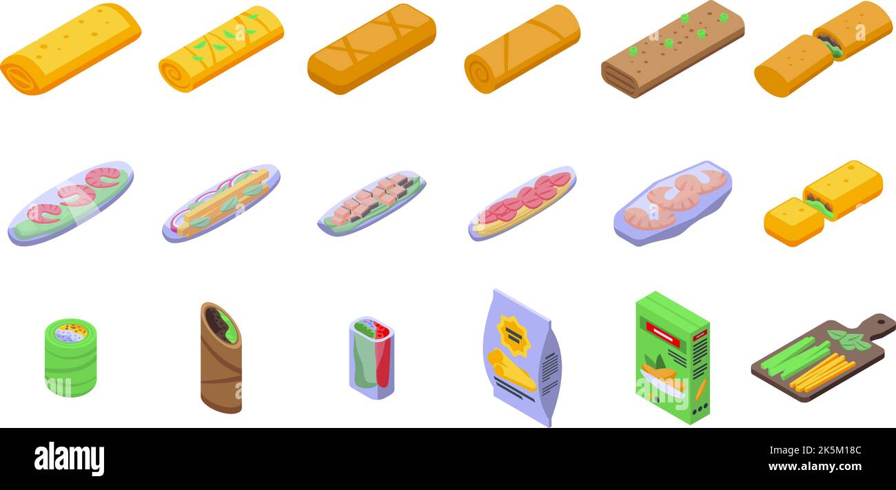 Spring roll icons set isometric vector. Food vietnamese. Asia food ...
