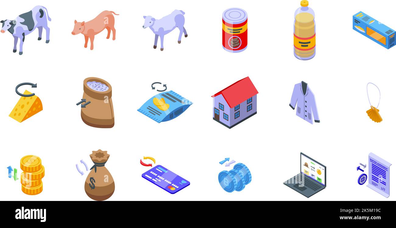 Barter icons set isometric vector. Agriculture change. Circulation ...