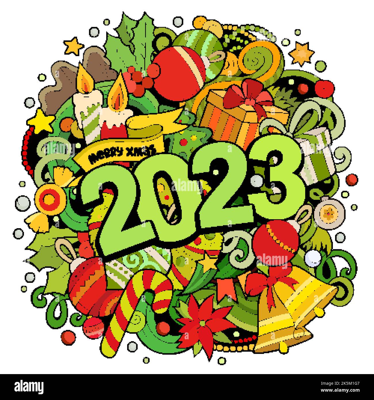 2023 doodles illustration. New Year objects and elements poster Stock ...