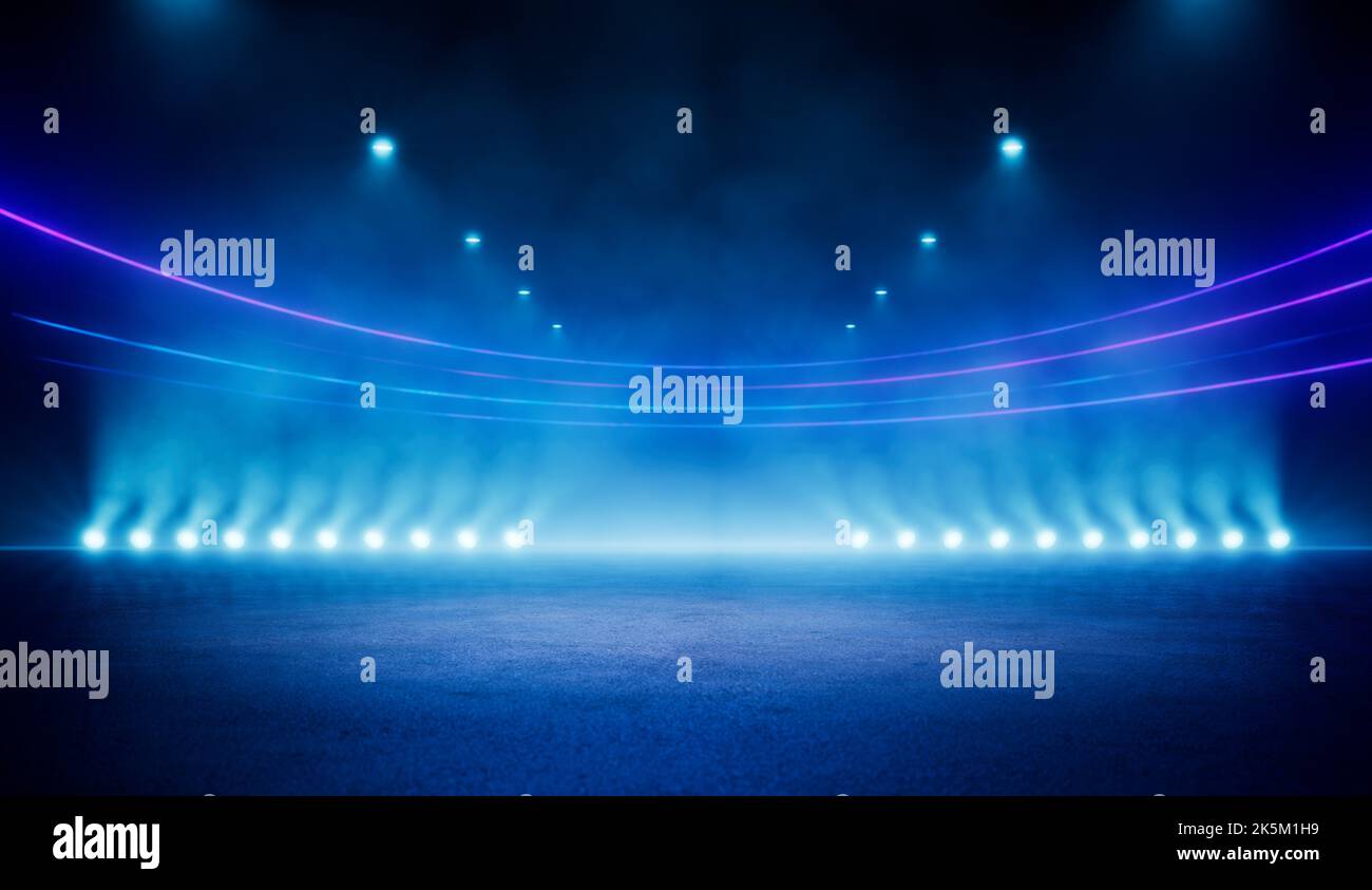 Abstract blue neon stadium background illuminated with lamps on ground ...