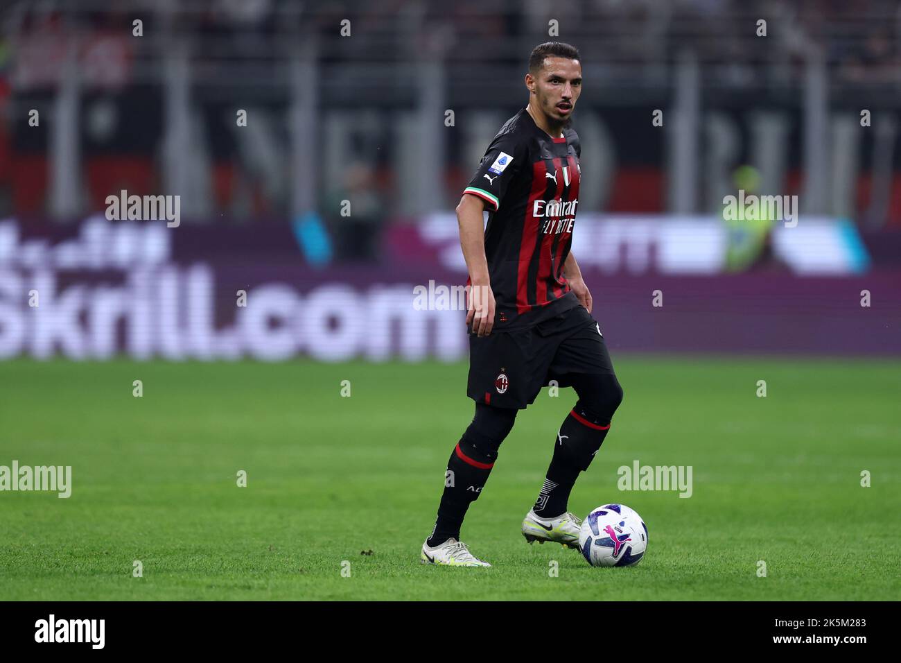 Milan, Italy. 8th Oct 2022. Ismael Bennacer of Ac Milan controls the ... Milan, Italy. 8th Oct 2022. Ismael Bennacer of Ac Milan controls the ...