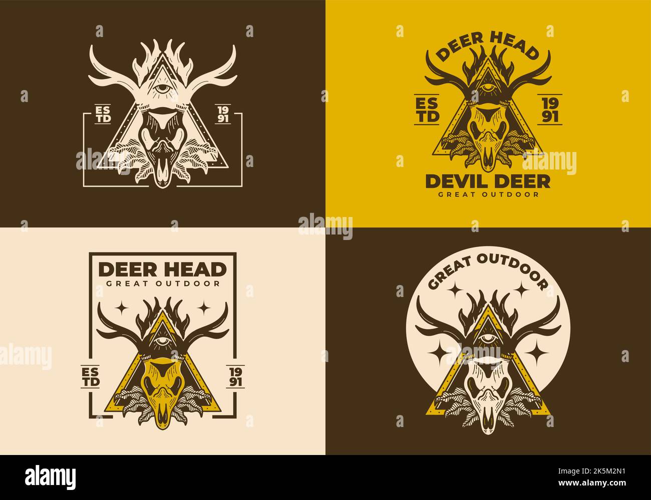 Vintage illustration design of a deer skull on triangle frame Stock ...