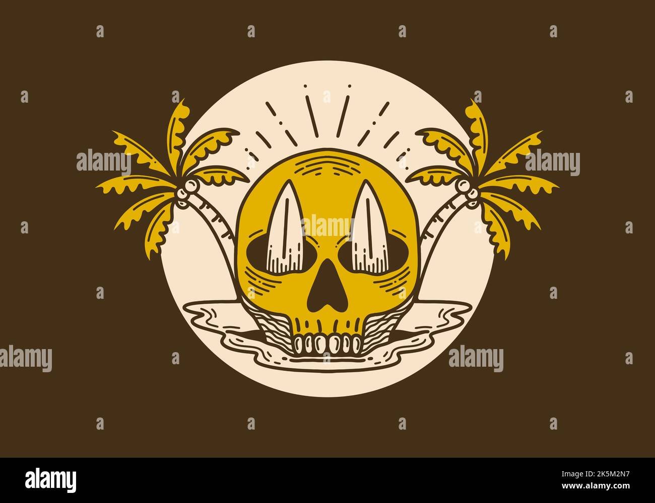 Vintage illustration of a skull with two surfboard and two coconut tree ...