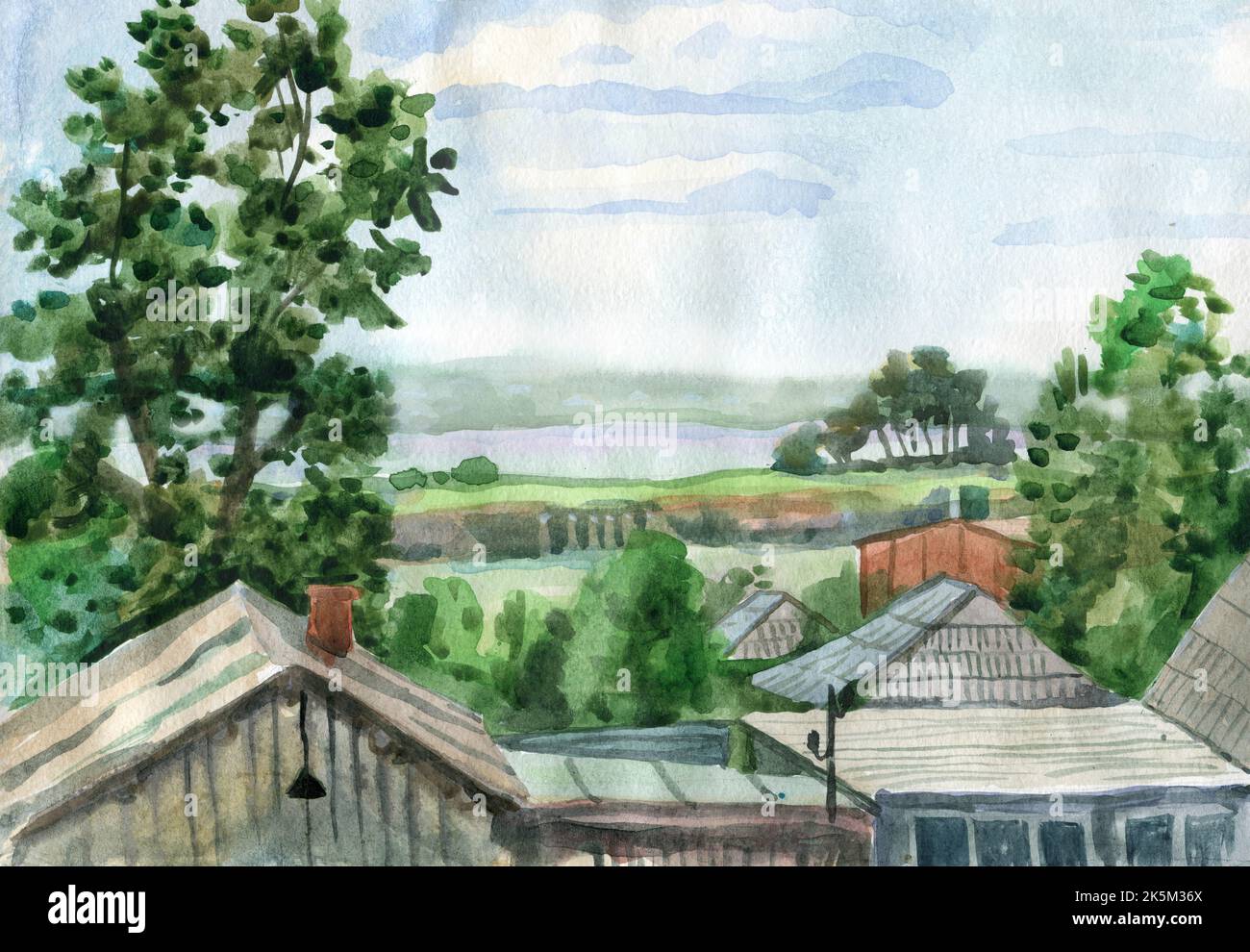 Old houses and river in countryside. Watercolor hand drawn horizontal ...