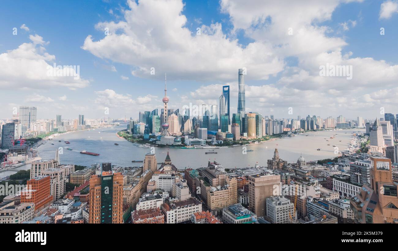 A bird's eye view of Pudong New Area in Shanghai with the Huangpu River ...