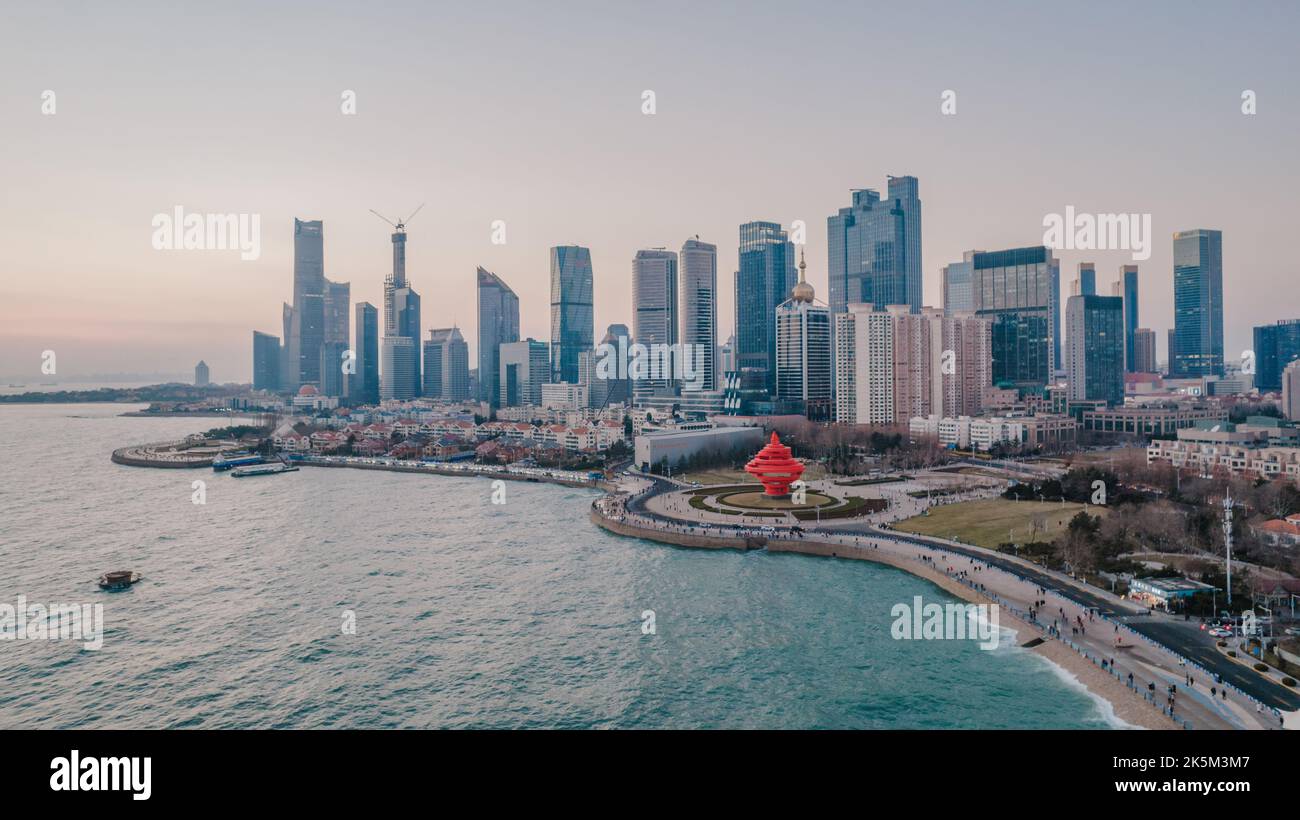 An aerial view of Qingdao City with skyscrapers in Shandong province ...