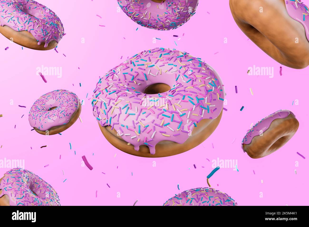 Pink donuts floating with explosion of colorful sprinkles on pink background. Funny 3D Render of ...
