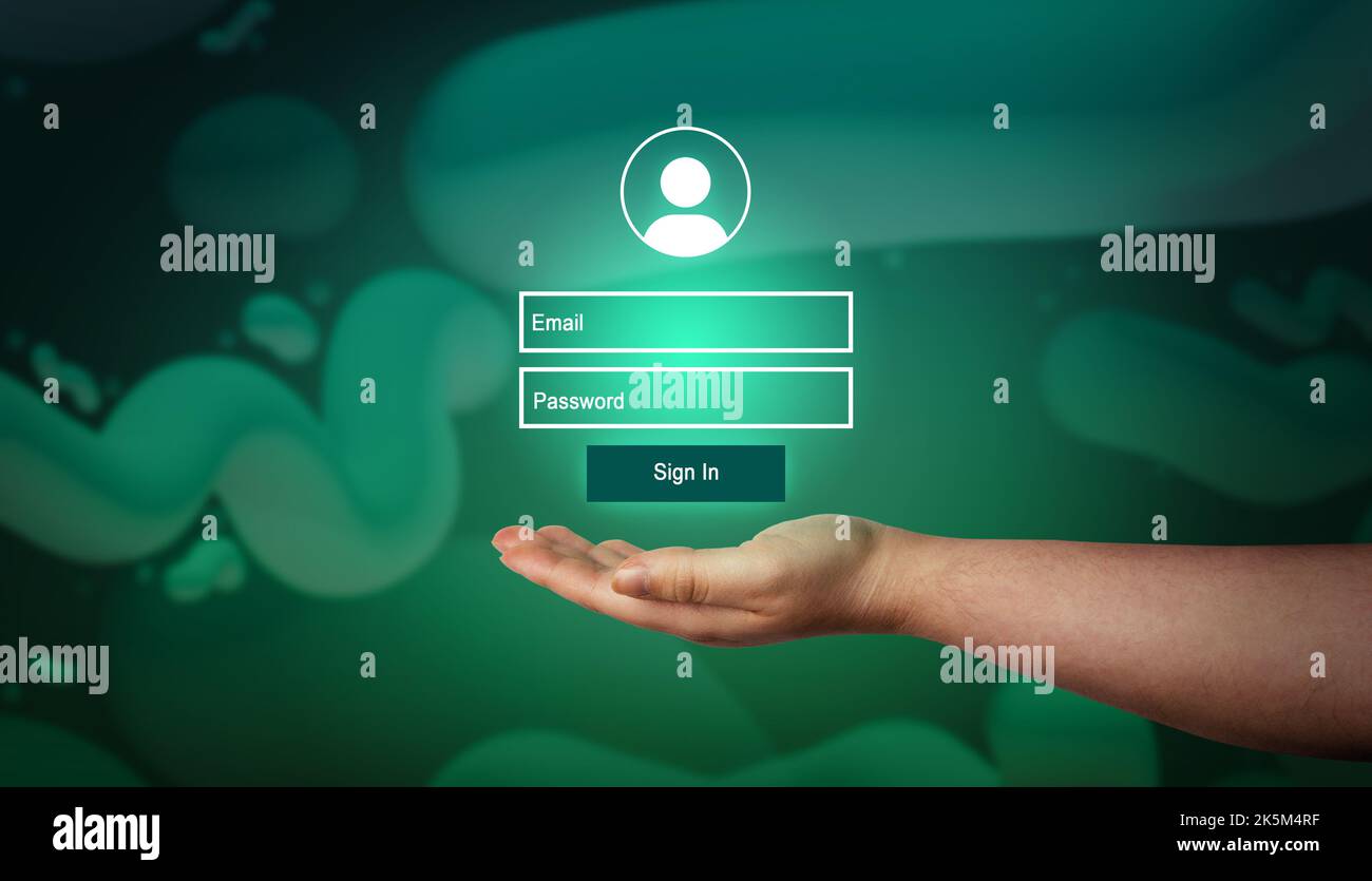 Woman hand showing VR interface of login. Secure access to user's ...