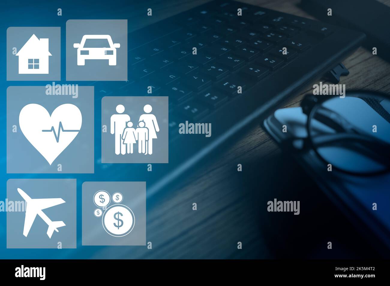 Vintage desktop as background with VR icons illustrating the coverage ...