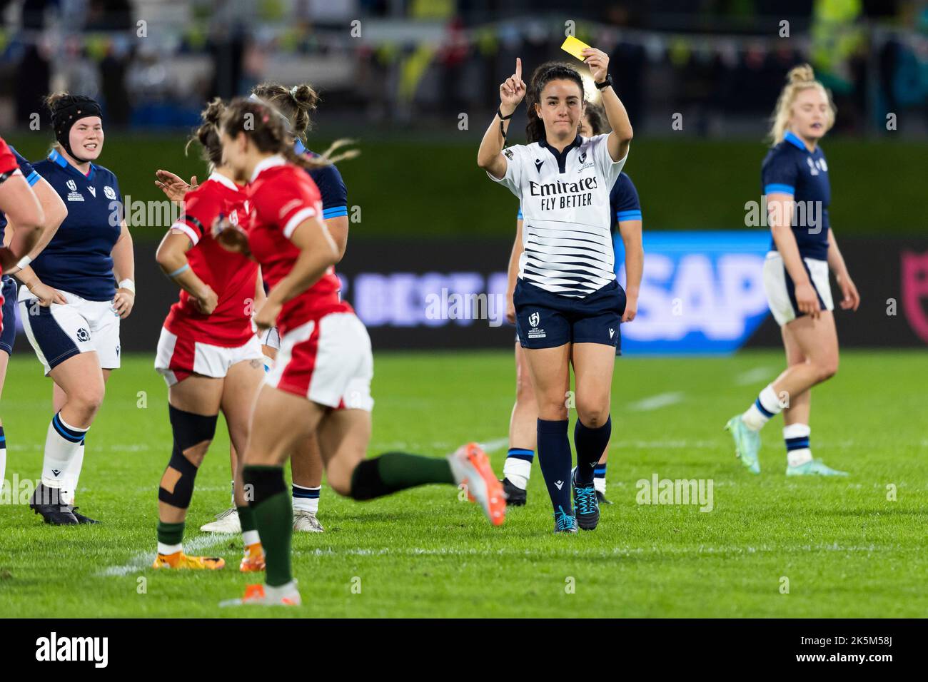 Referee Clara Munarini shows yellow card to Wales' Jasmine Joyce during ...
