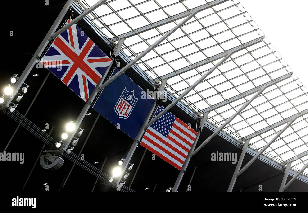 A general view of the British, NFL and American flags prior to the NFL ...