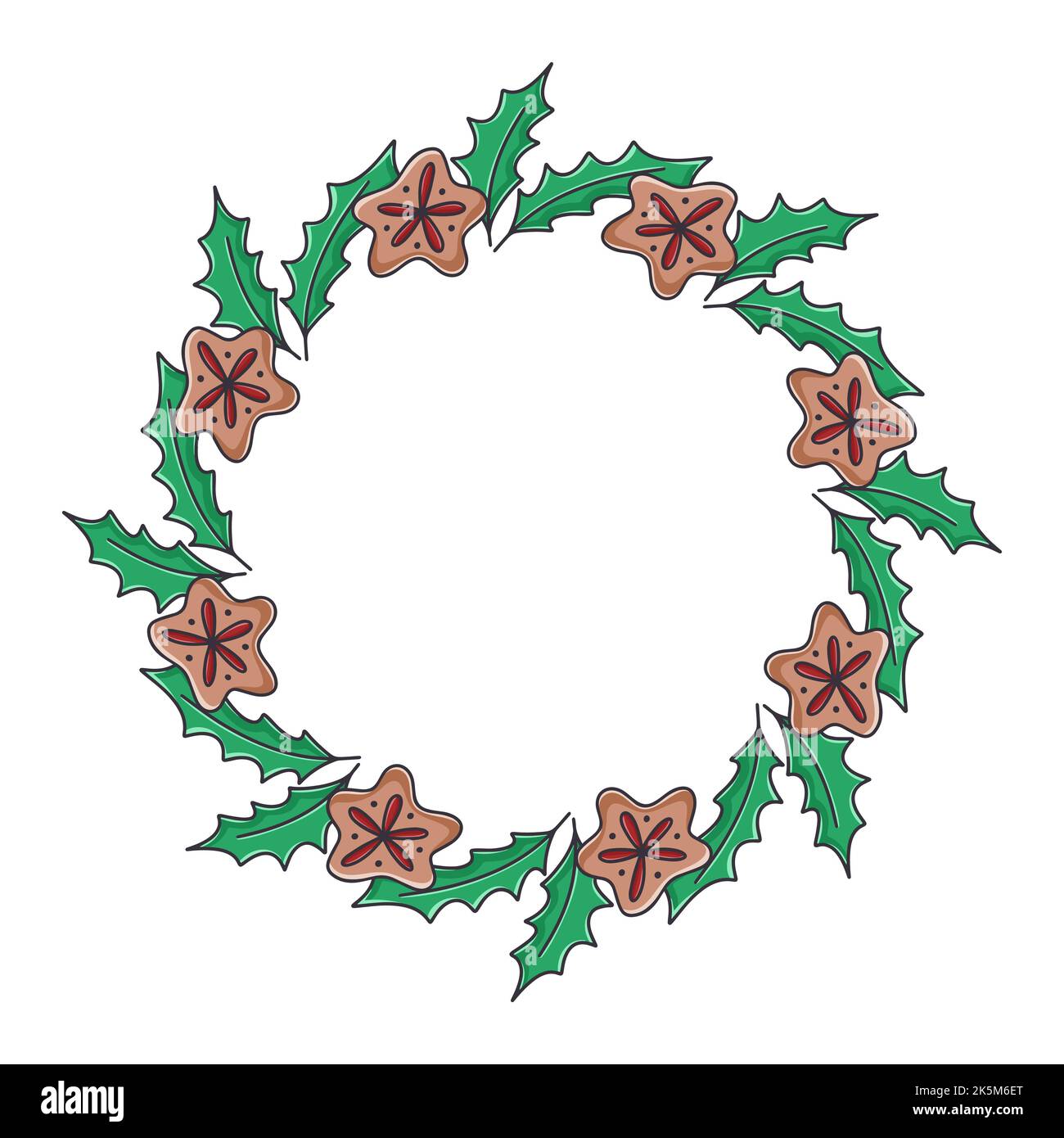 Christmas wreath of holly leaves and gingerbread. Round festive rim for ...