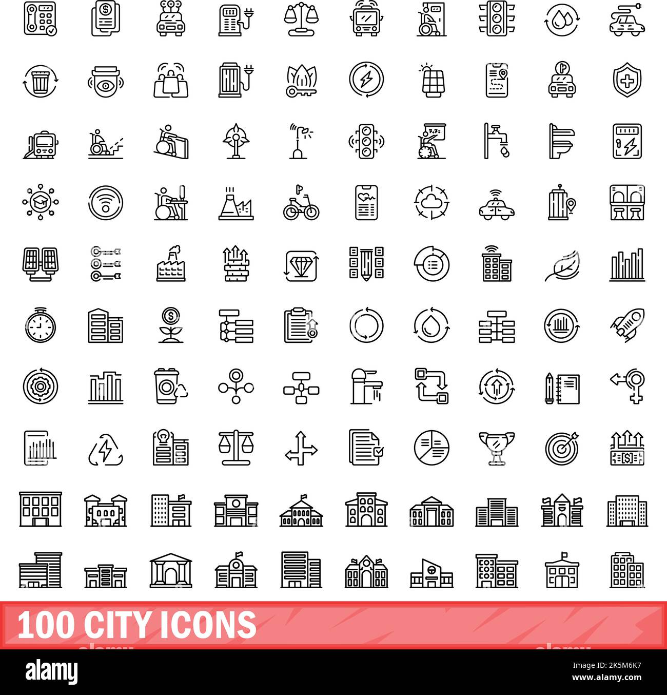 100 city icons set. Outline illustration of 100 city icons vector set ...