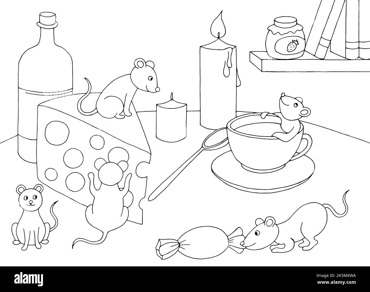 Funny mouse play on table graphic black white sketch illustration ...