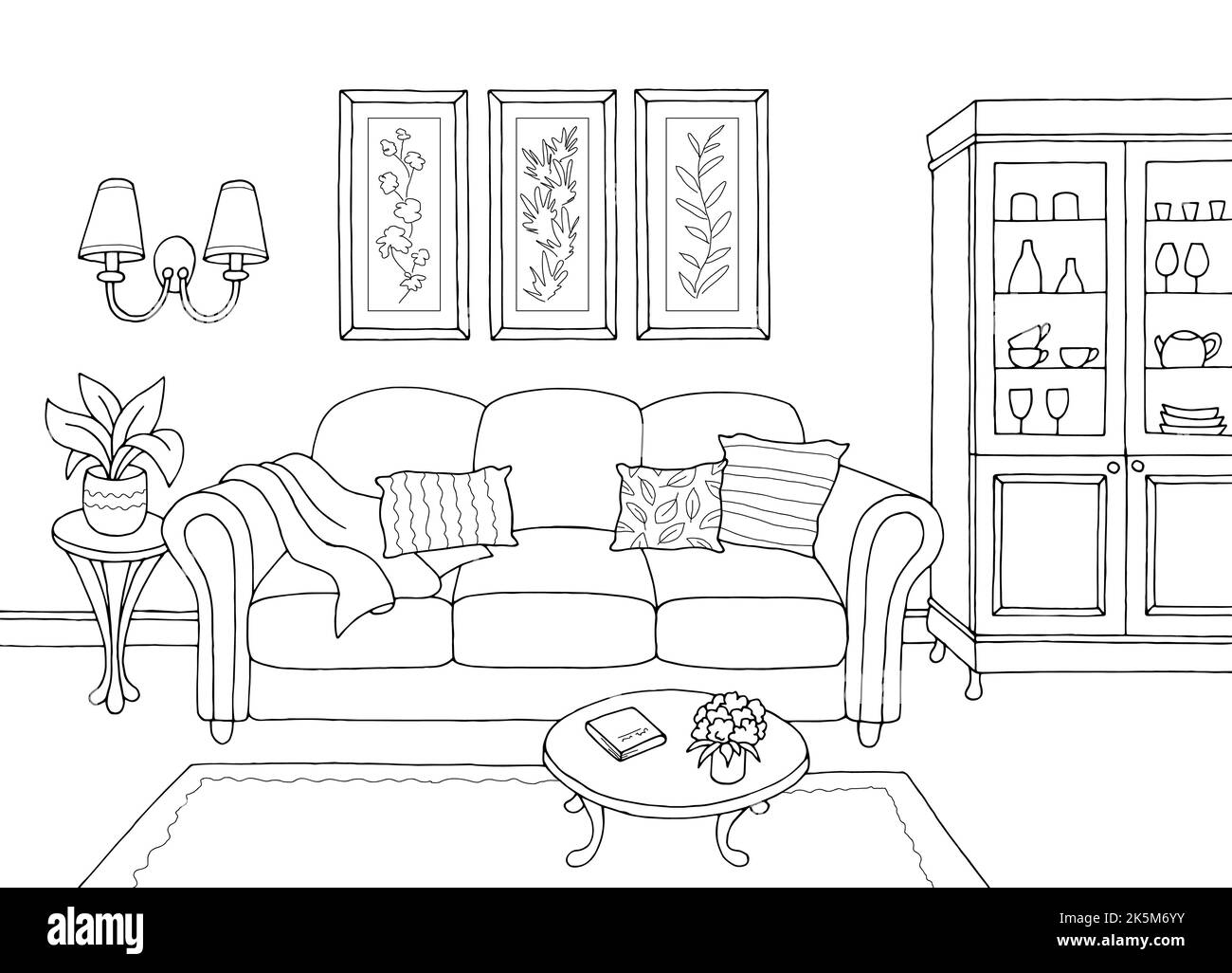 Living room graphic black white interior sketch illustration vector ...