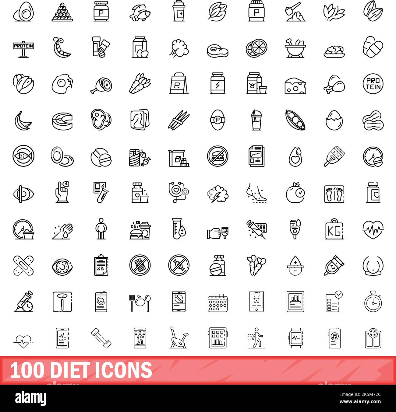 100 diet icons set. Outline illustration of 100 diet icons vector set ...