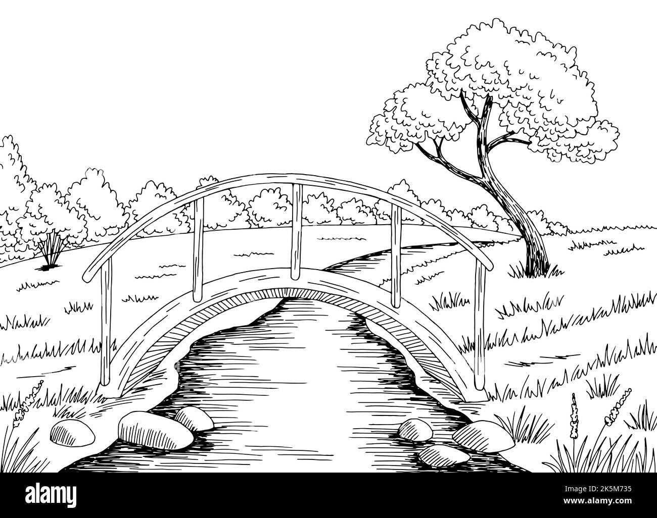Bridge graphic river black white landscape sketch illustration vector ...