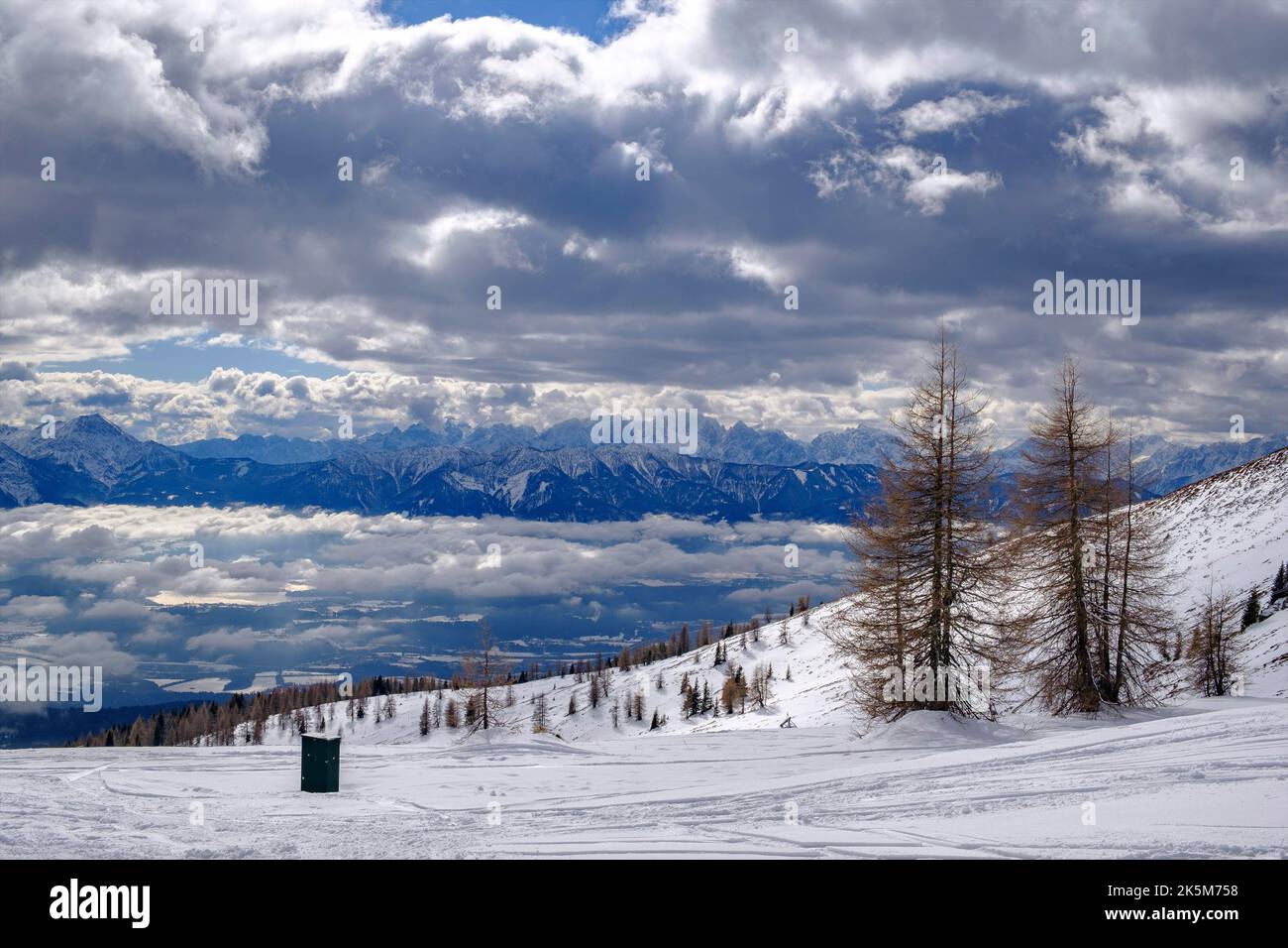 A snowy landscape of dried trees and high mountains reaching clouds in ...