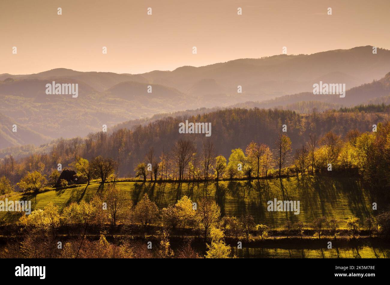 Beautiful autumn sunset in the background of the Medvednik mountain and ...