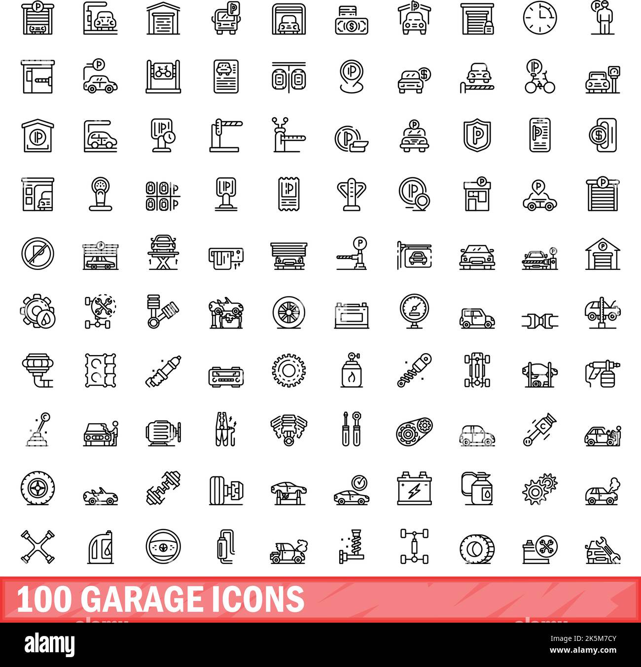 100 garage icons set. Outline illustration of 100 garage icons vector ...