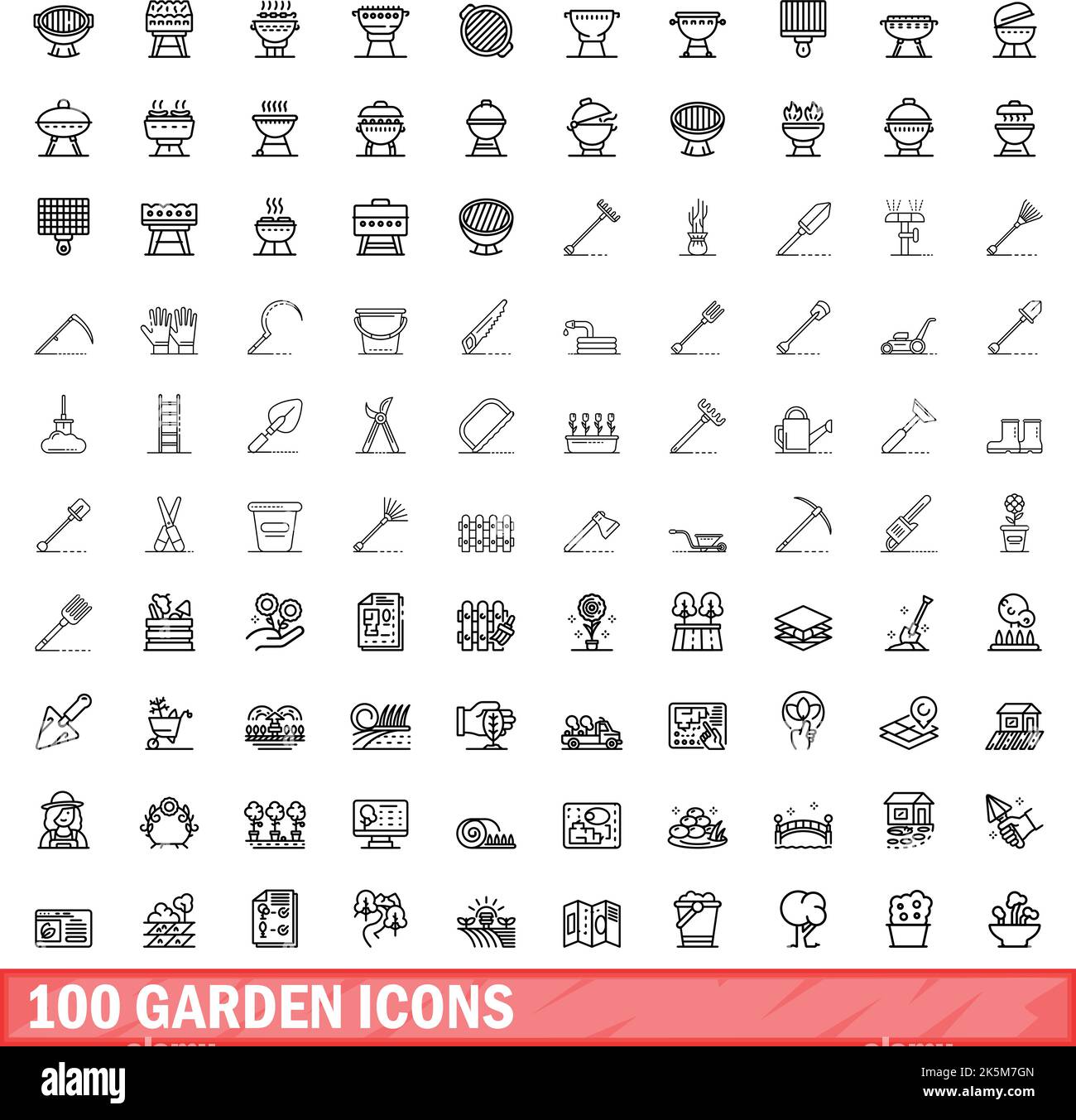 100 garden icons set. Outline illustration of 100 garden icons vector ...