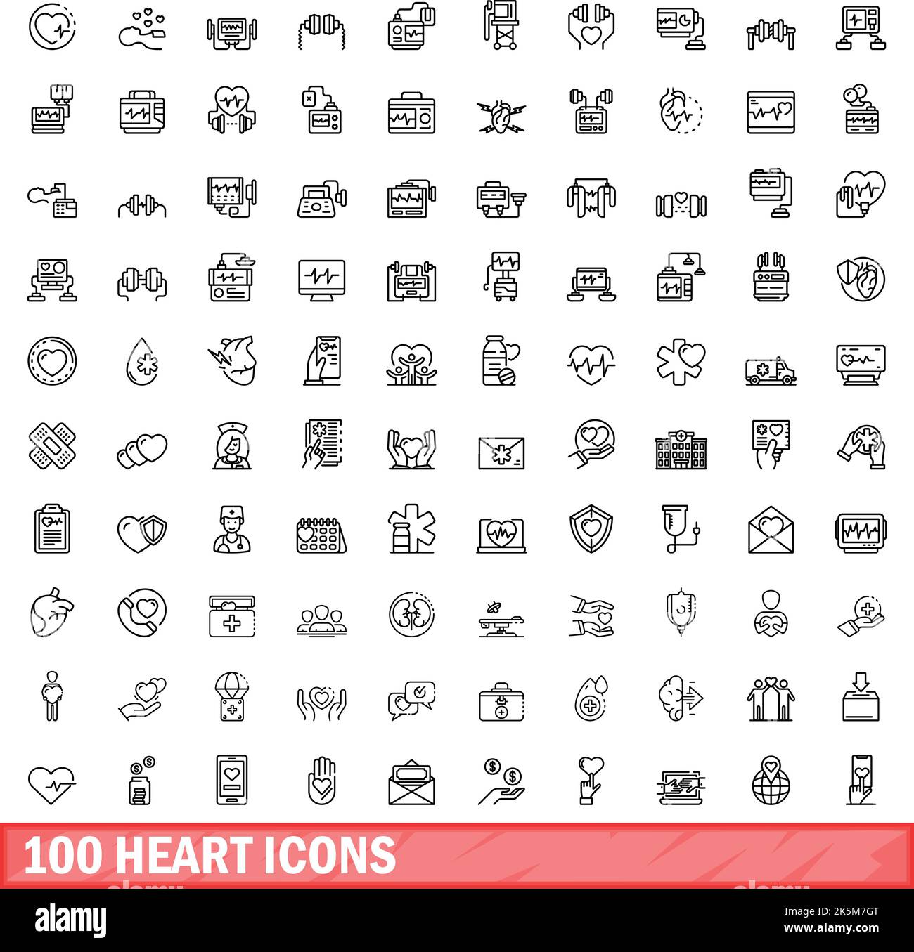100 heart icons set. Outline illustration of 100 heart icons vector set ...