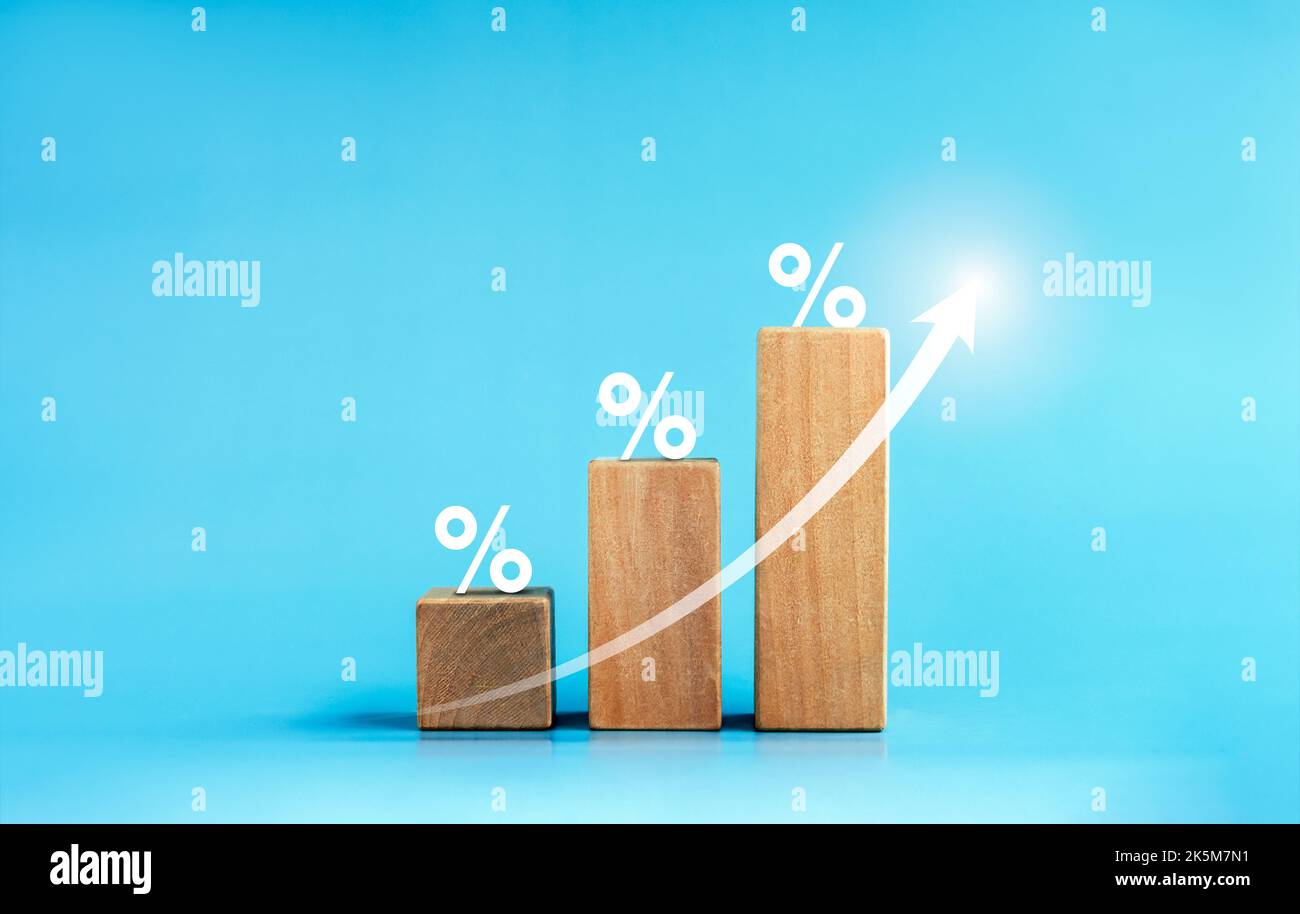 Shining rise up arrow on wooden cube blocks, bar graph chart steps with percentage 3d icons on ...