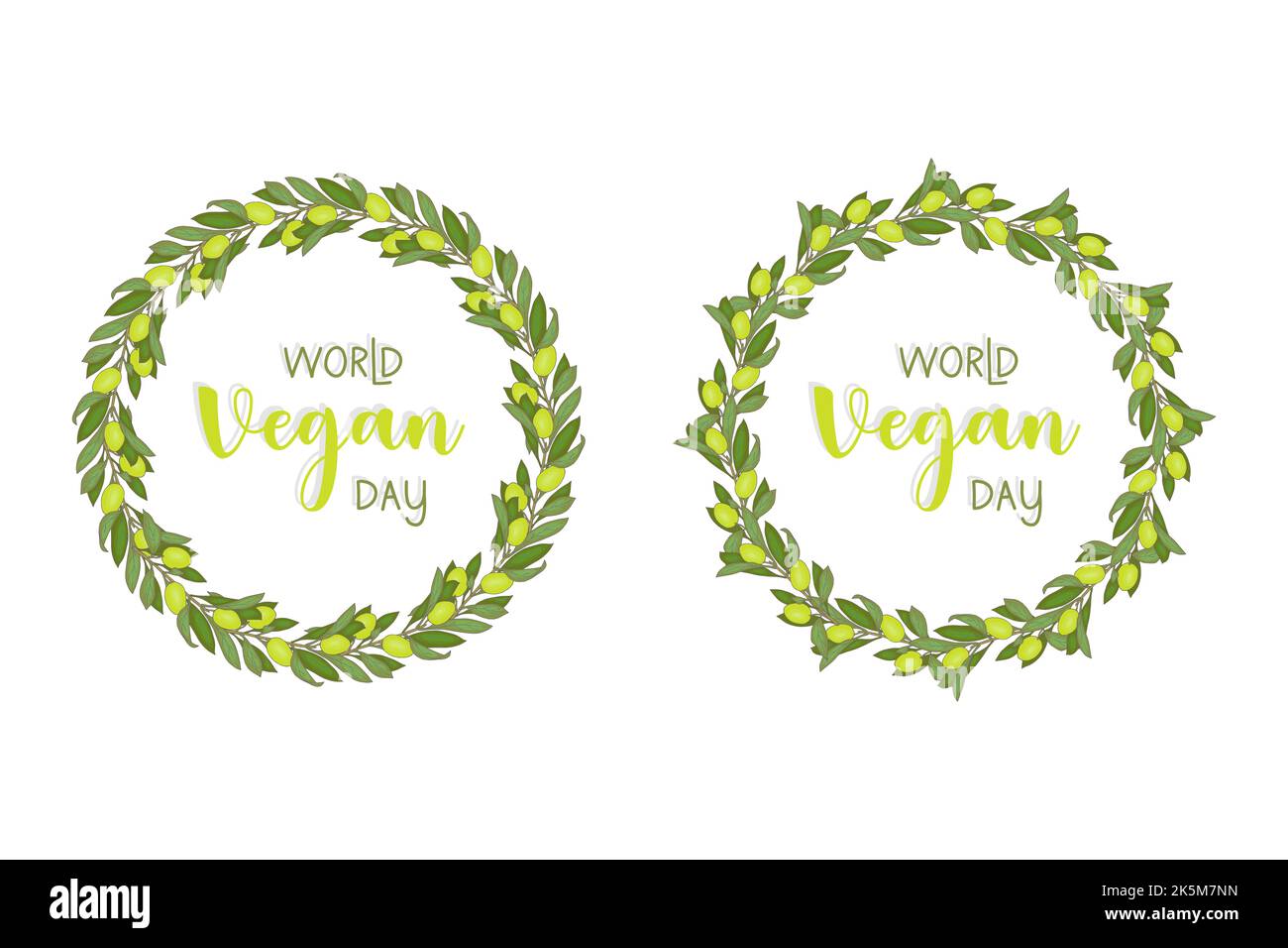 World Vegan Day round wreath frame with green olive branch , for poster ...