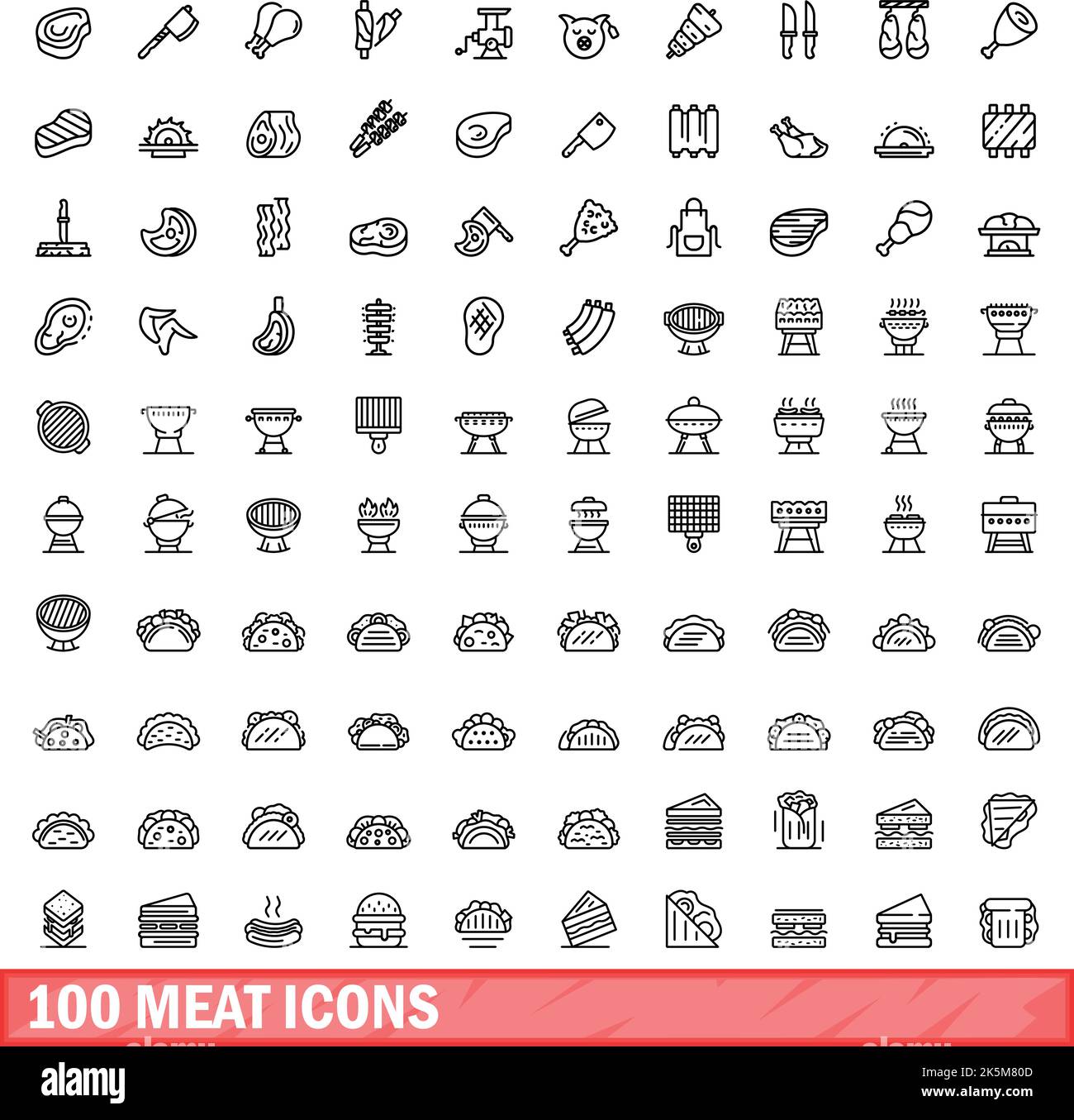 100 meat icons set. Outline illustration of 100 meat icons vector set ...